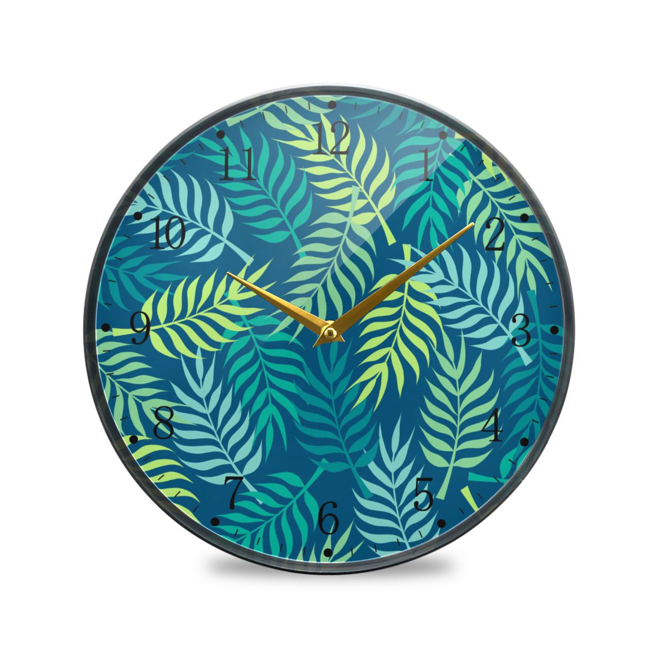 Green Palm Tree Leaves on Blue Acrylic Wall Clocks Quiet Round Clock ...