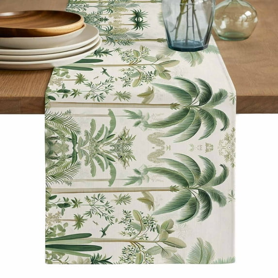 Green Palm Tree Table Runner, Summer Beach Cactus Washable Cotton Linen ...