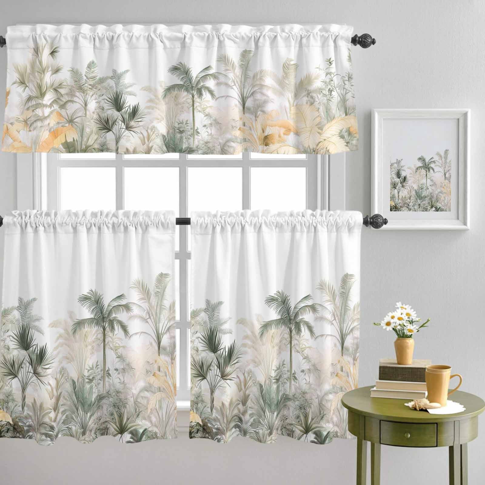 Green Palm Tree Turtle Leaf Tropical Plant Curtain Tier and Valance Set ...