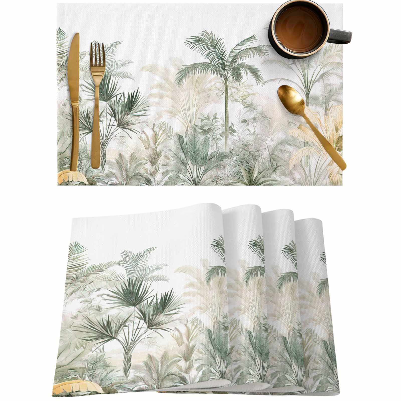 Green Palm Tree Turtle Leaf Tropical Plant Placemats Set of 4,Wipeable ...