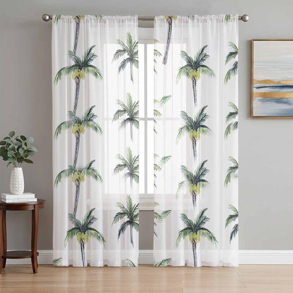 Green Palm Trees Sheer Curtains 63 Inch Length 2 Panels Set, Summer ...