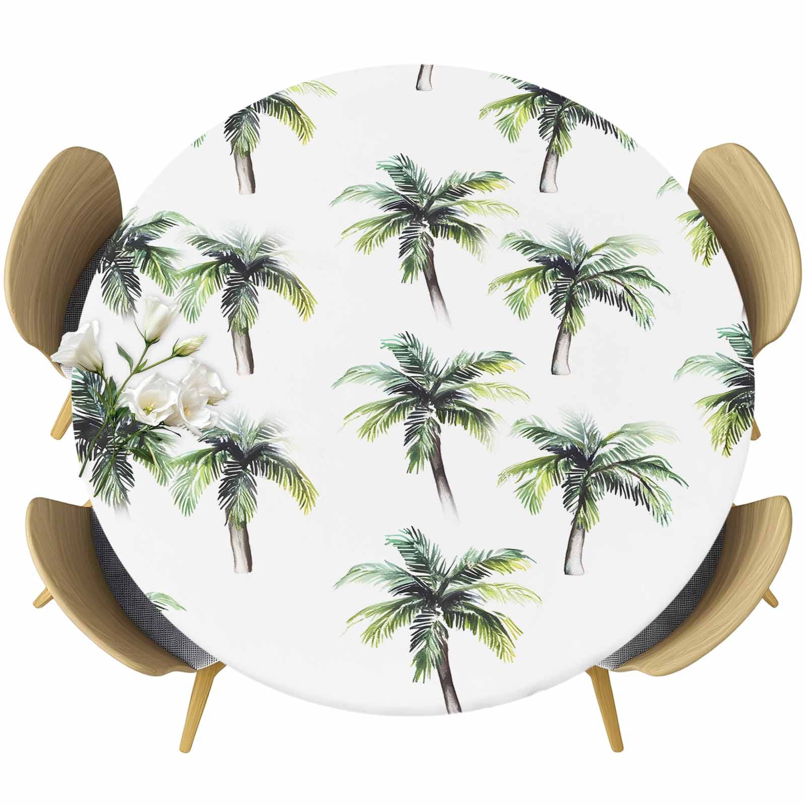 Green Palm Trees Table Cloth, Round Fitted Tablecloths with Elastic ...