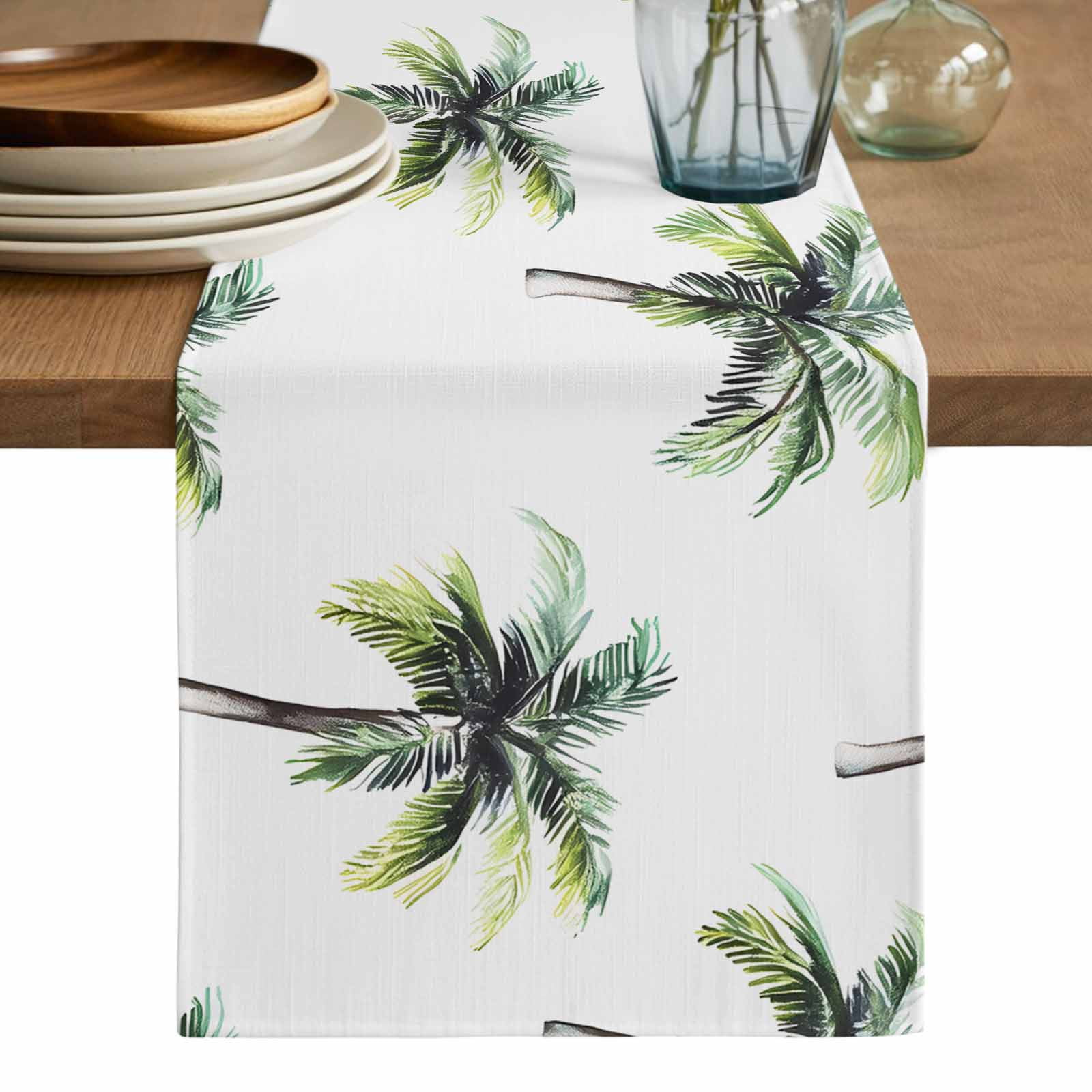 Green Palm Trees Table Runner, Summer Botanical Modern Art Washable ...