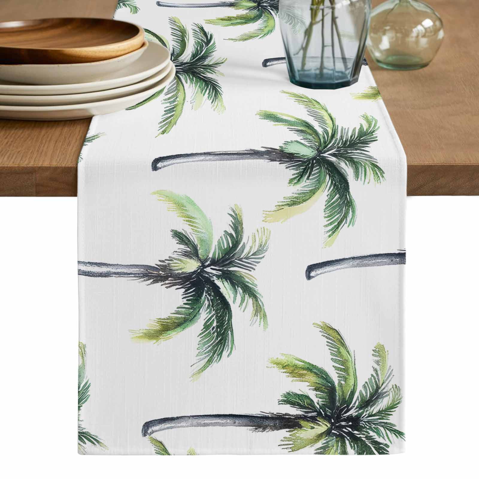 Green Palm Trees Table Runner, Summer Botanical Watercolor Washable ...