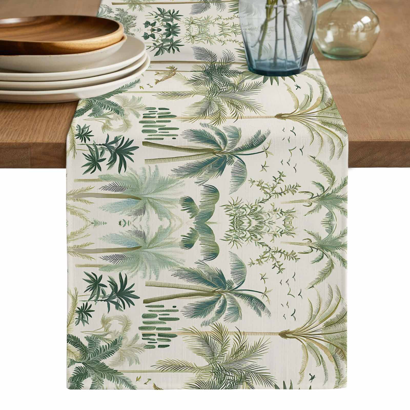 Green Palm Trees Table Runner, Tropical Summer Botanical Washable ...