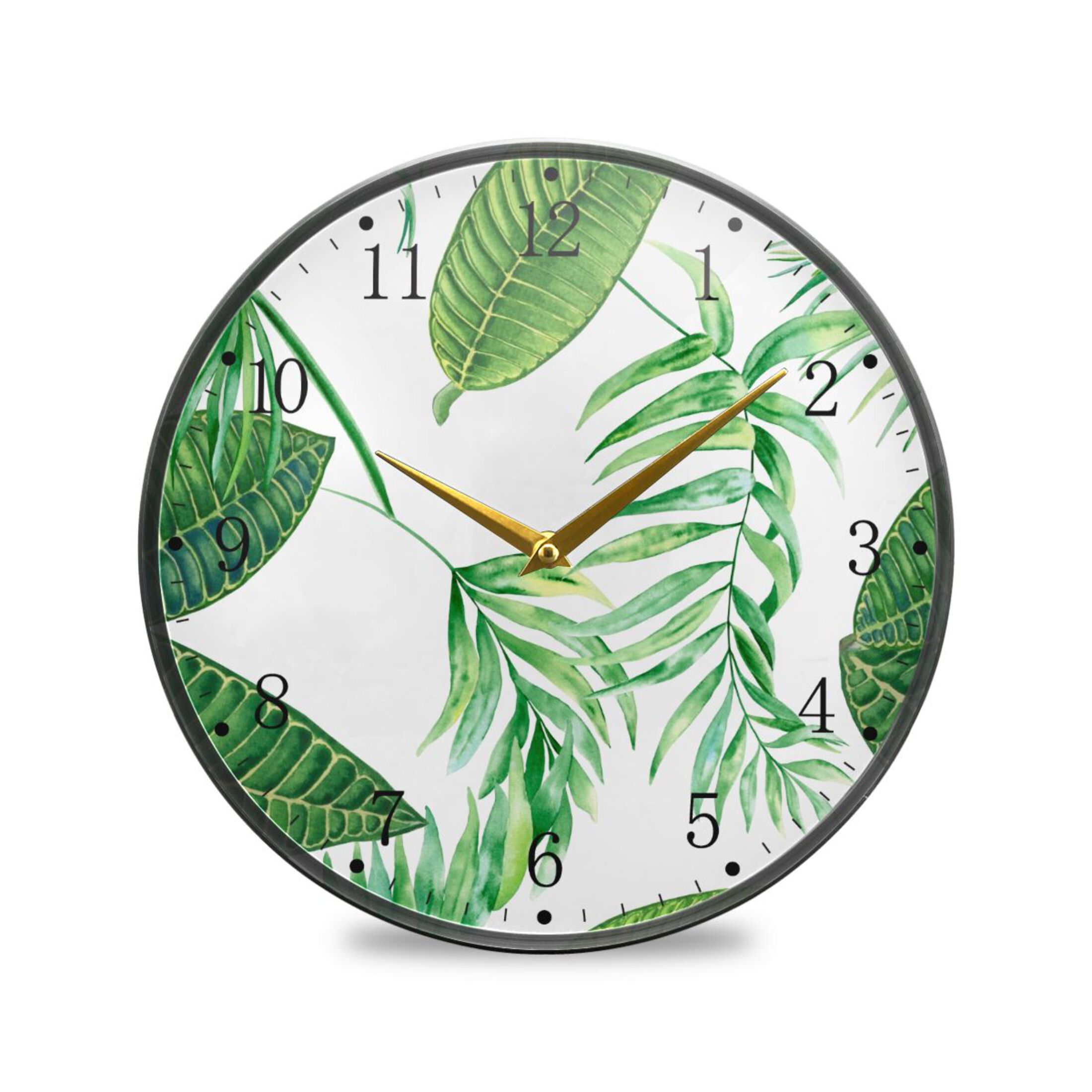 Green Palm Tropical Leaves Acrylic Wall Clocks Quiet Round Clock ...