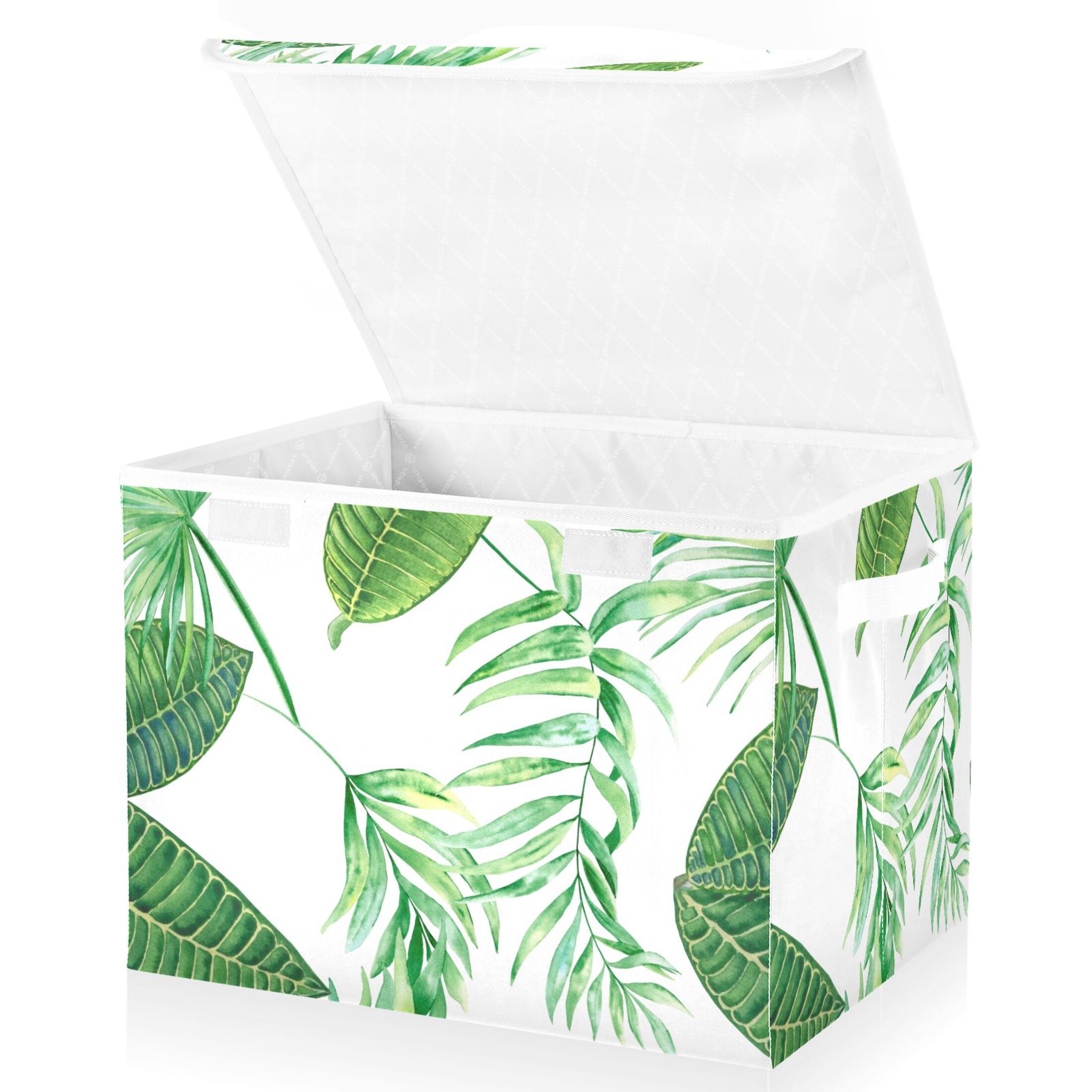 Green Palm Tropical Leaves Large Lidded Bin Foldable Storage Baskets ...