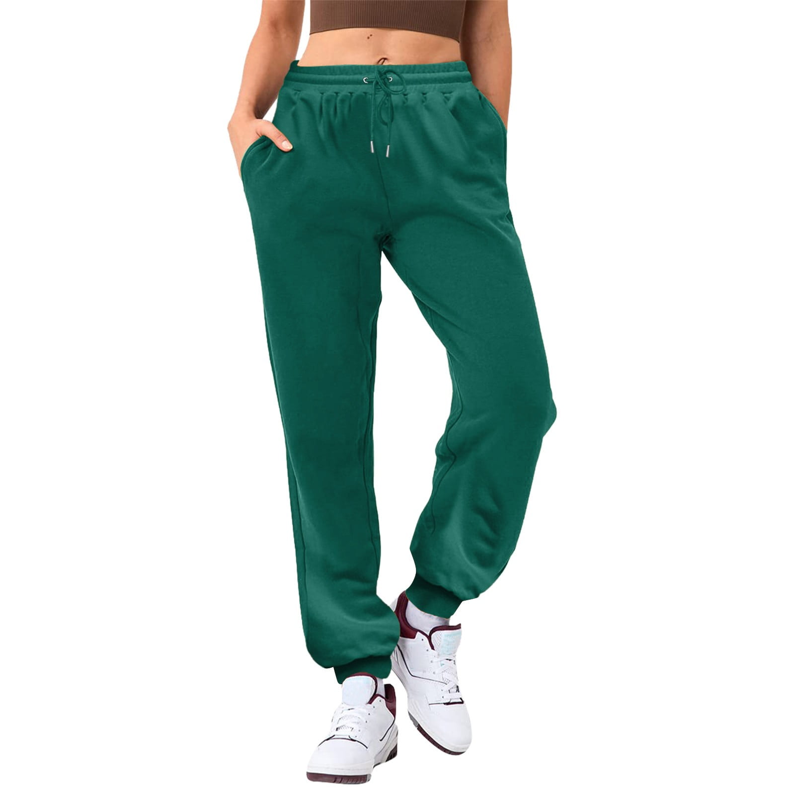 Green Pants for Womens Solid Color Drawstring Elastic Waist Casual ...