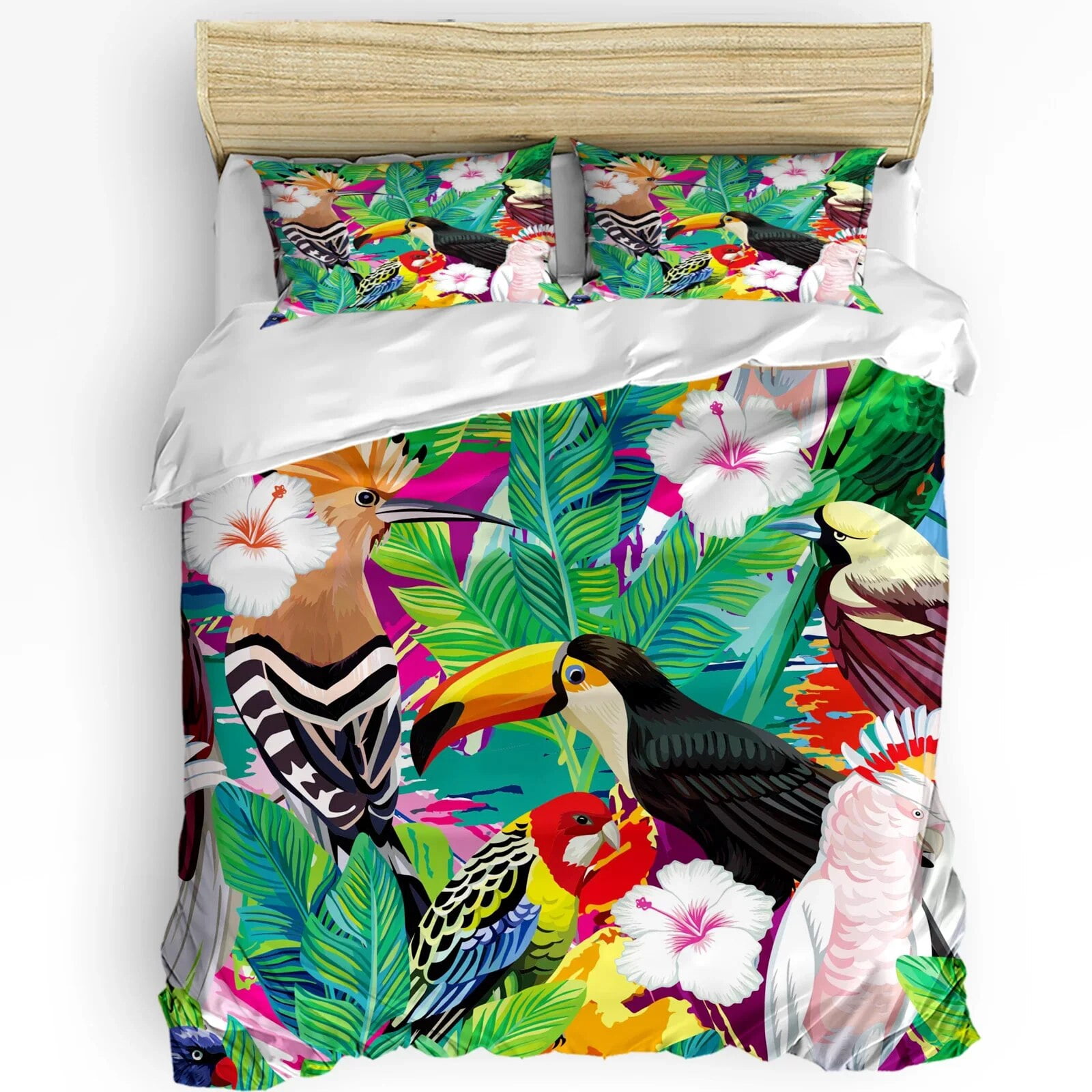 Green Parrot Animal Tropical Plant Flower 3pcs Bedding Set For Double ...