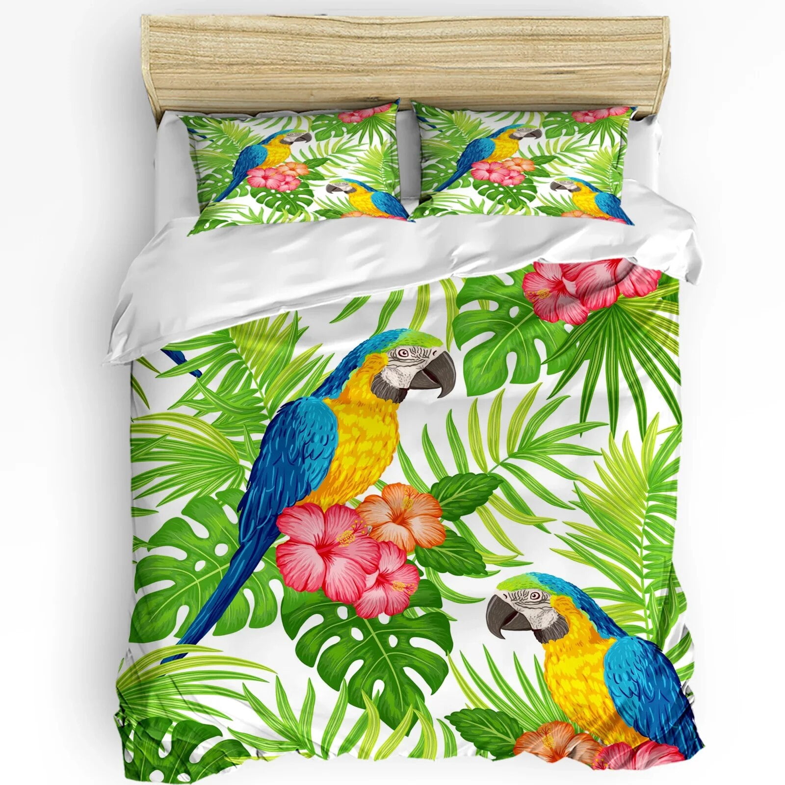 Green Parrot Animal Tropical Plant Flower 3pcs Bedding Set For Double ...
