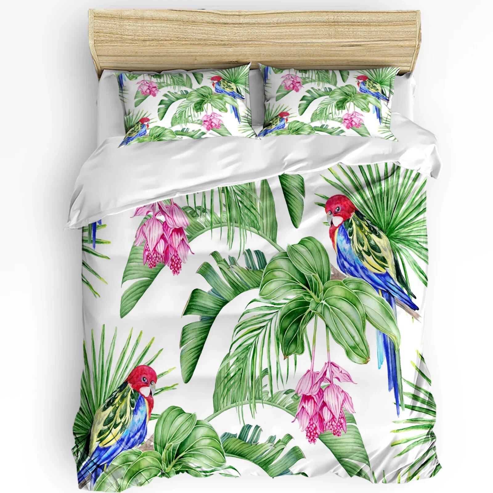 Green Parrot Animal Tropical Plant Flower 3pcs Bedding Set For Double ...