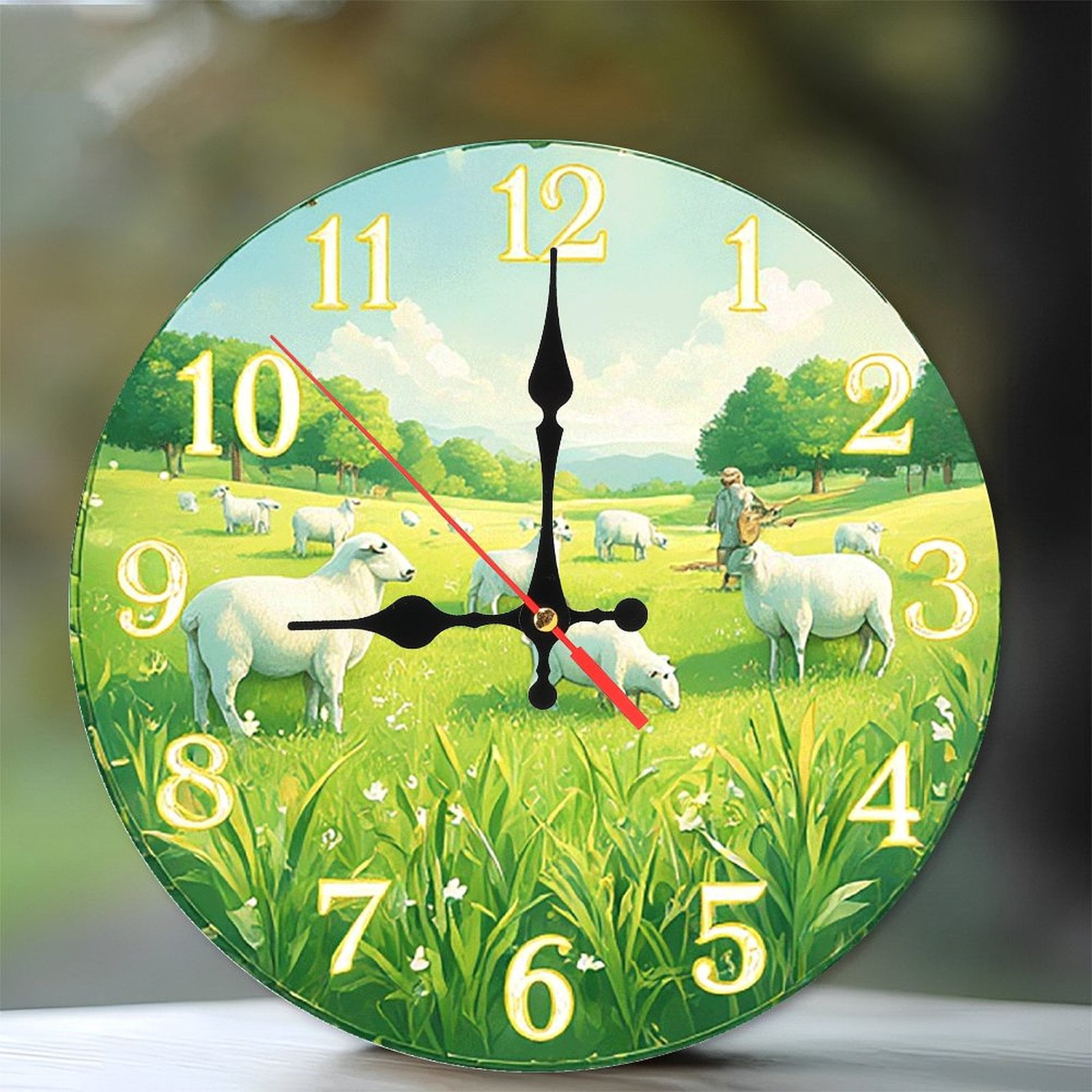 Green Pastoral Sheep Wall Clock Farmhouse Decor 10-Inch Silent Wooden Wall Clock, Battery ...