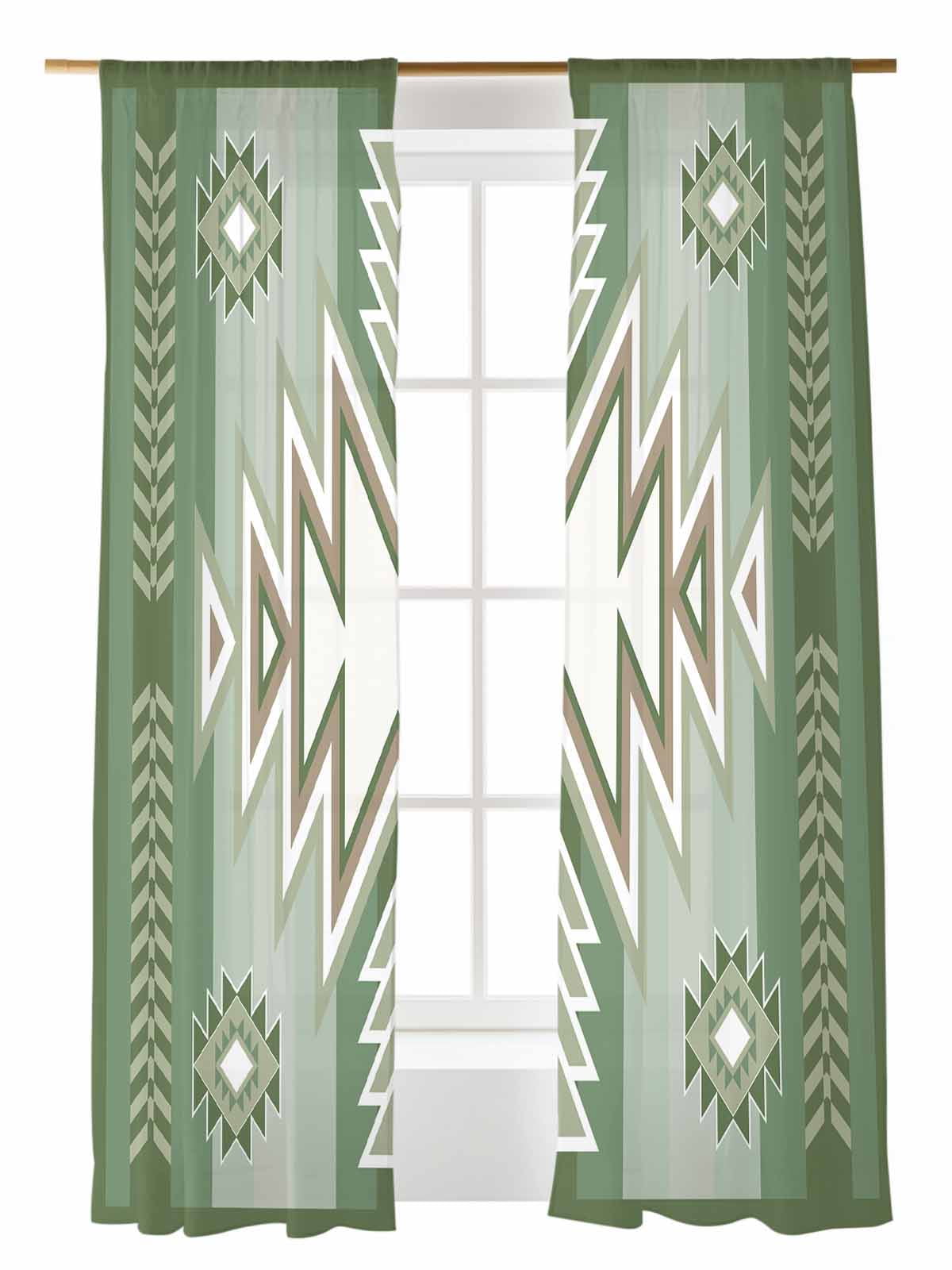 Green Pattern Retro Bohemian Sheer Curtains 2 Panels Set Square ...