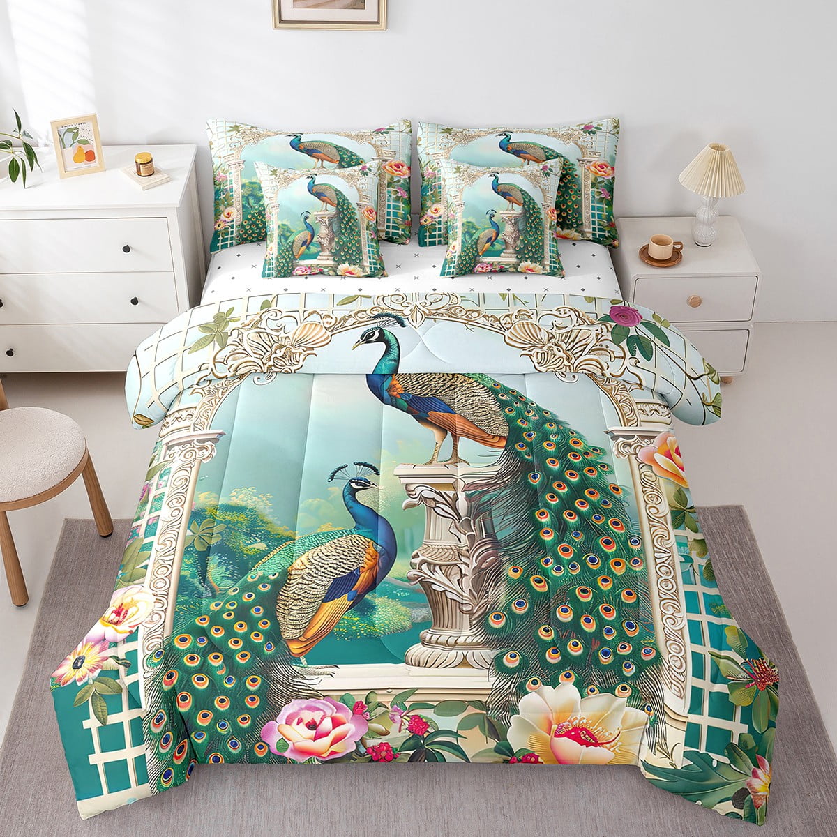 Green Peacock Comforter Set Twin Size with Sheets -7 Pieces Bed in a ...