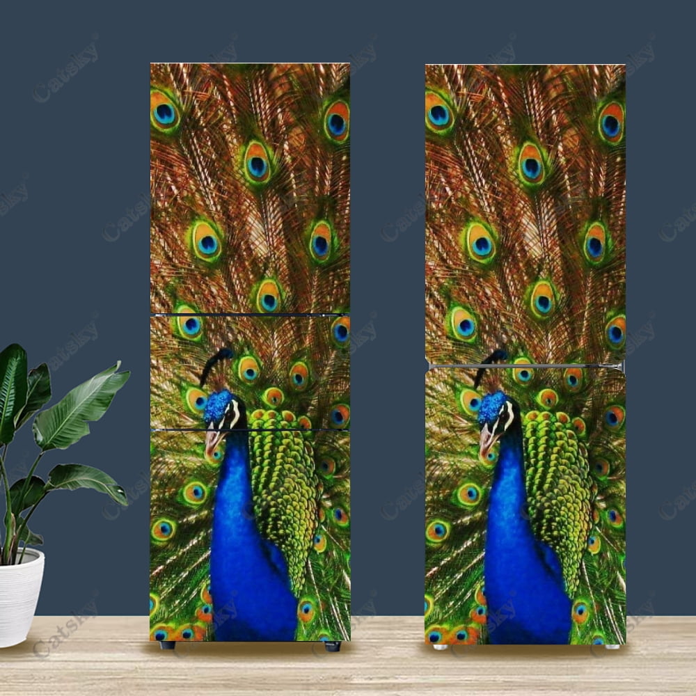 Green Peacock Feather Refrigerator Door Mural Sticker Waterproof PVC ...