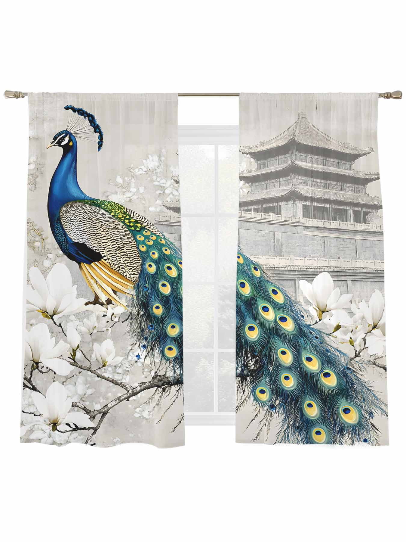Green Peacock Flower Sheer Curtains 2 Panels Set Watercolor Vintage ...