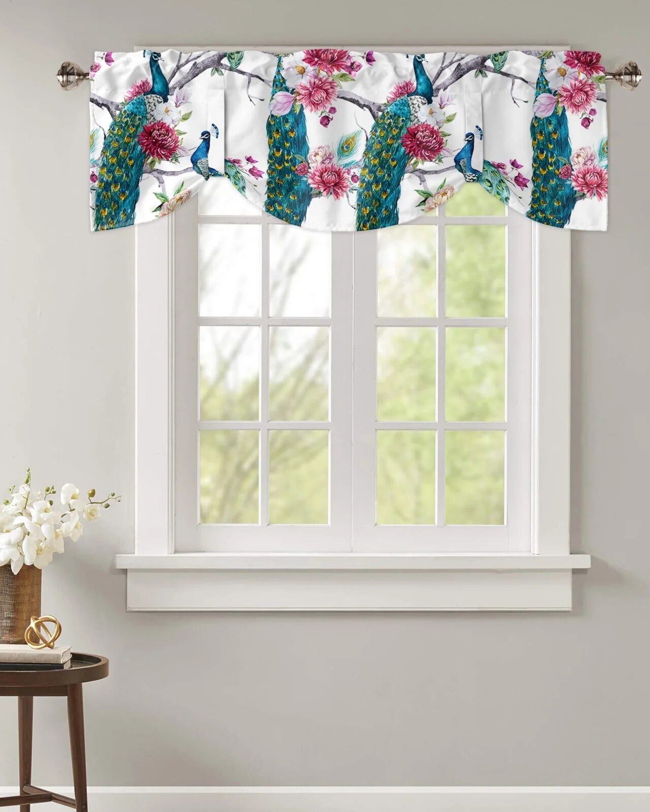 Green Peacock Red Pink Flower Branch Window Curtain Bedroom Roman ...