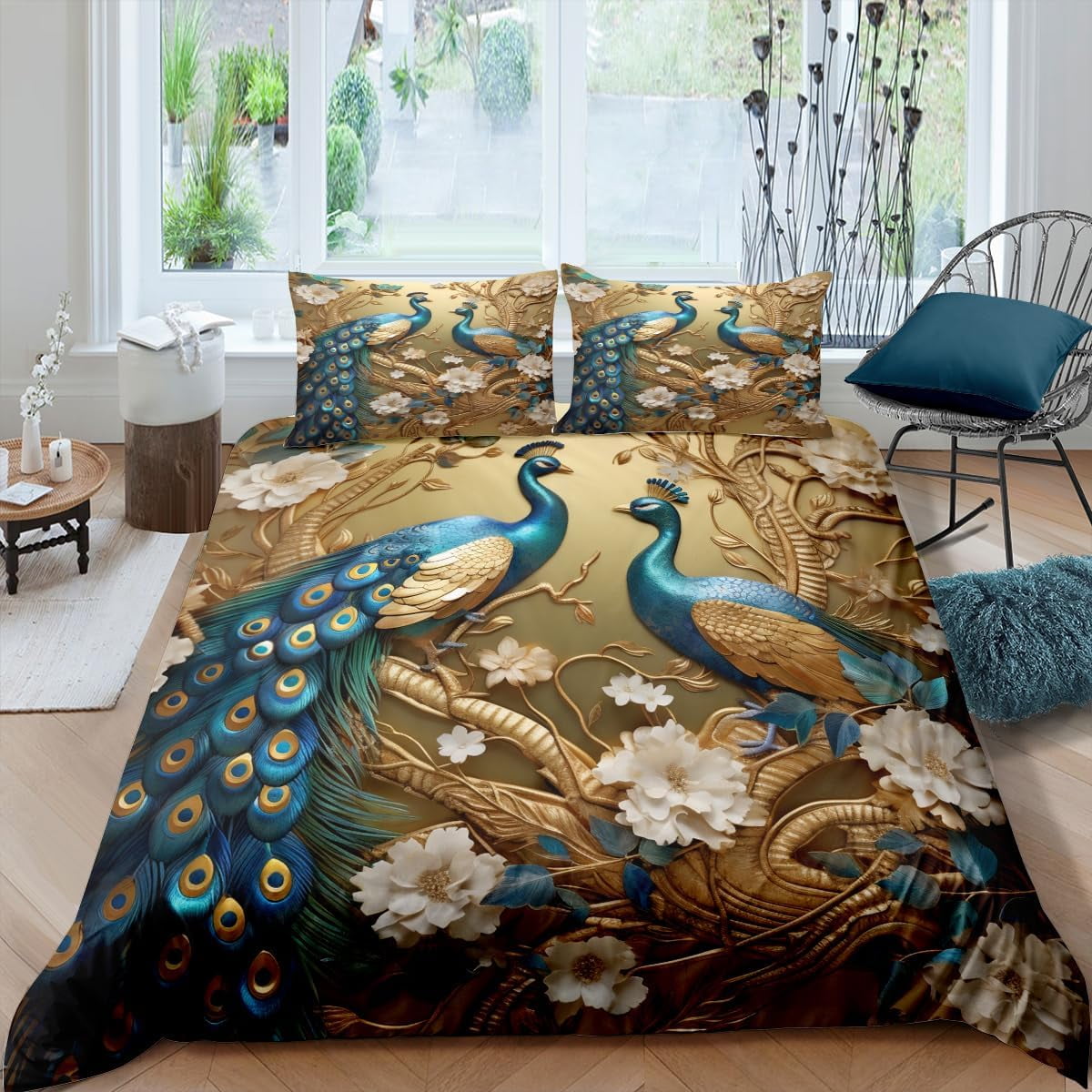 Green Peacocks Duvet Cover Floral Peacock Bedding Set Beatuiful Animal ...