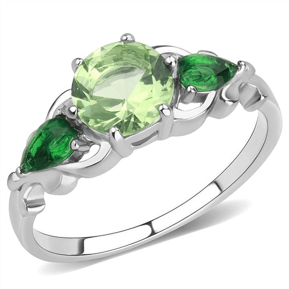 Green Peridot CZ Round & Pair Cut Stainless Steel 3 Stone Cocktail Ring ...