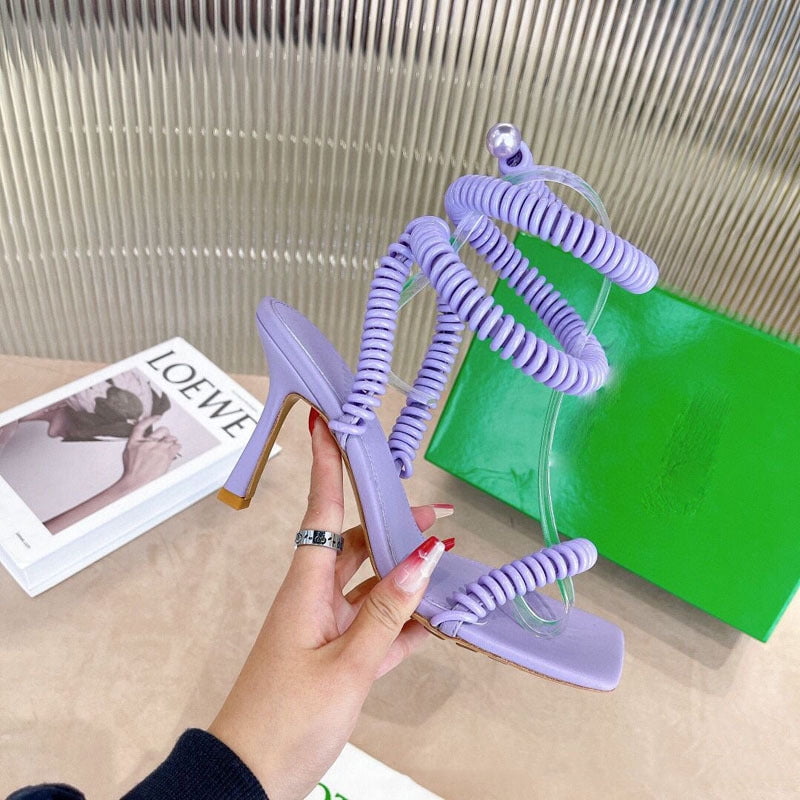 Green Phone cord Design High Heel Sandals Woman Square Open toe Stretch ...