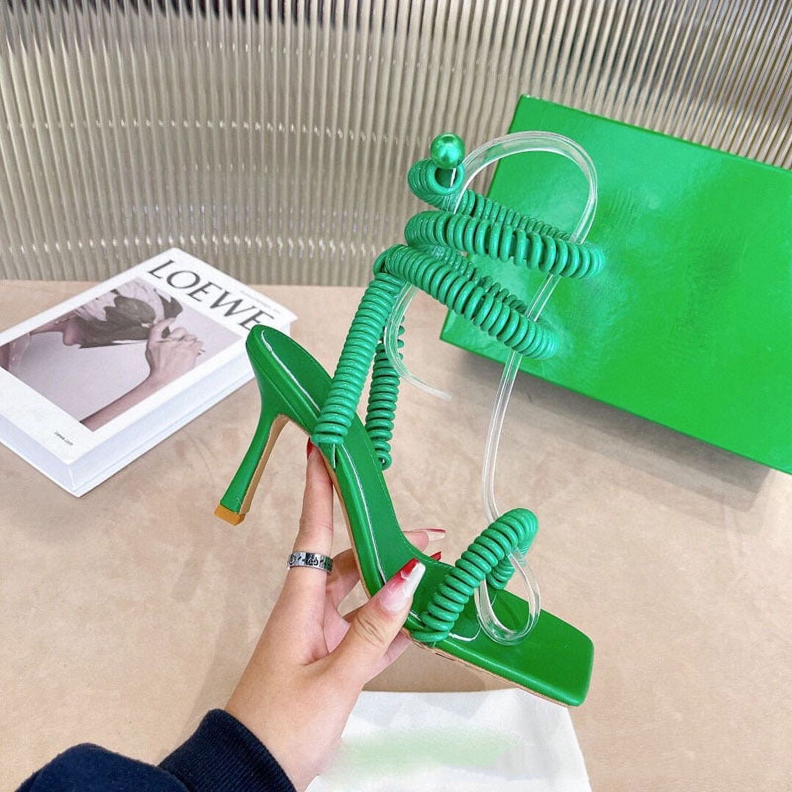 Green Phone cord Design High Heel Sandals Woman Square Open toe Stretch ...