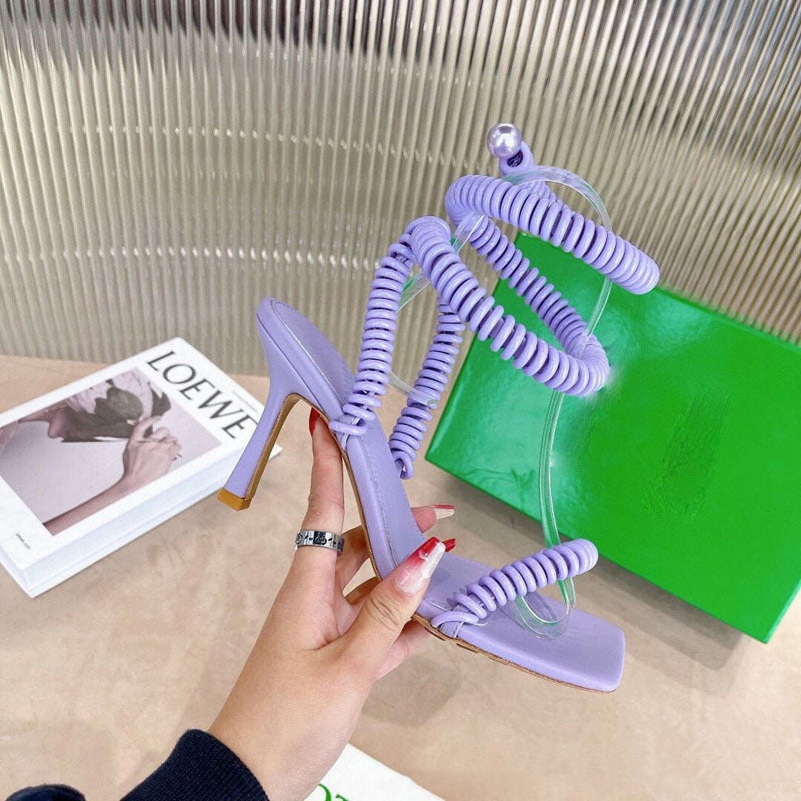 Green Phone cord Design High Heel Sandals Woman Square Open toe Stretch ...