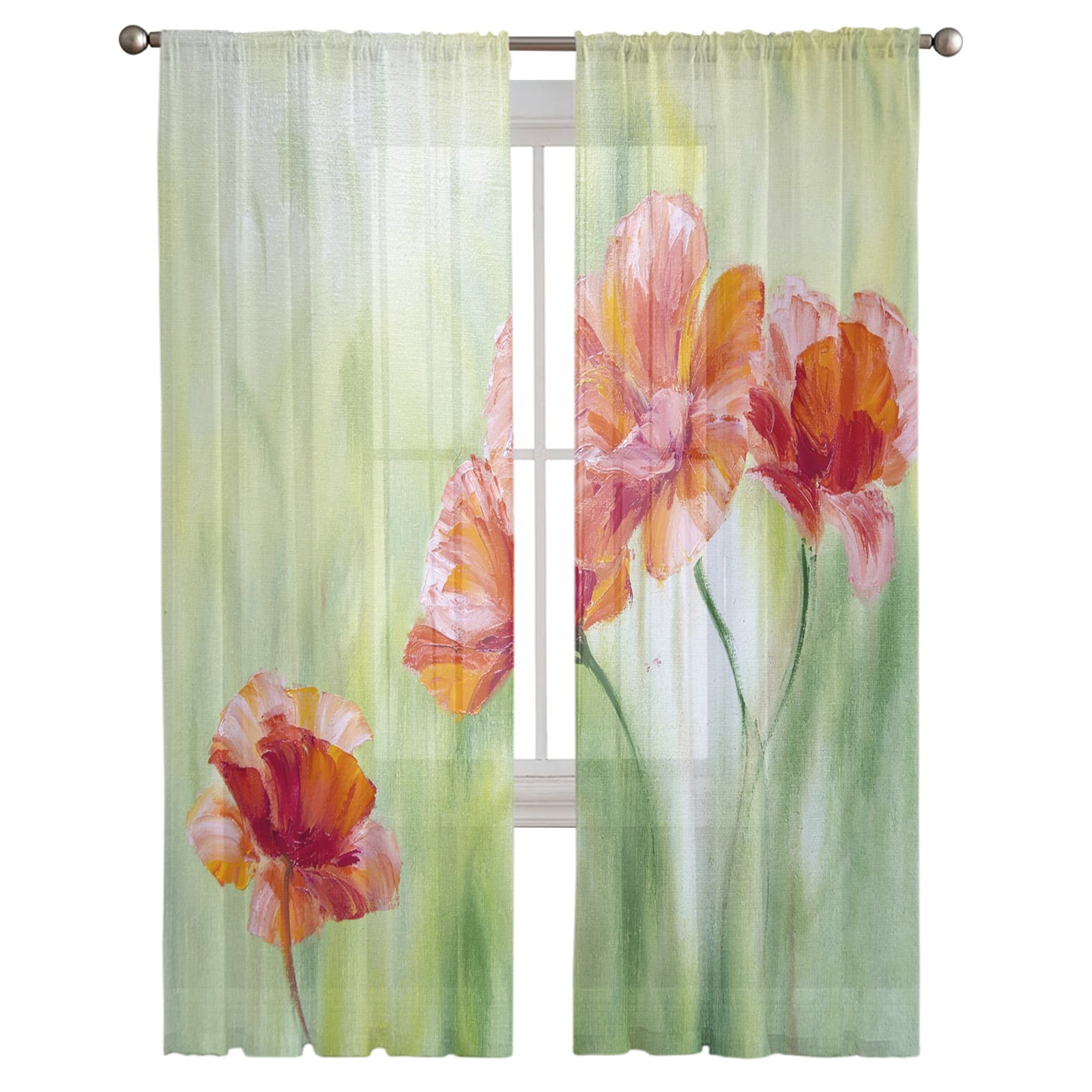 Green Pigment Red Poppy Flower Art Oil Painting Sheer Curtains for ...