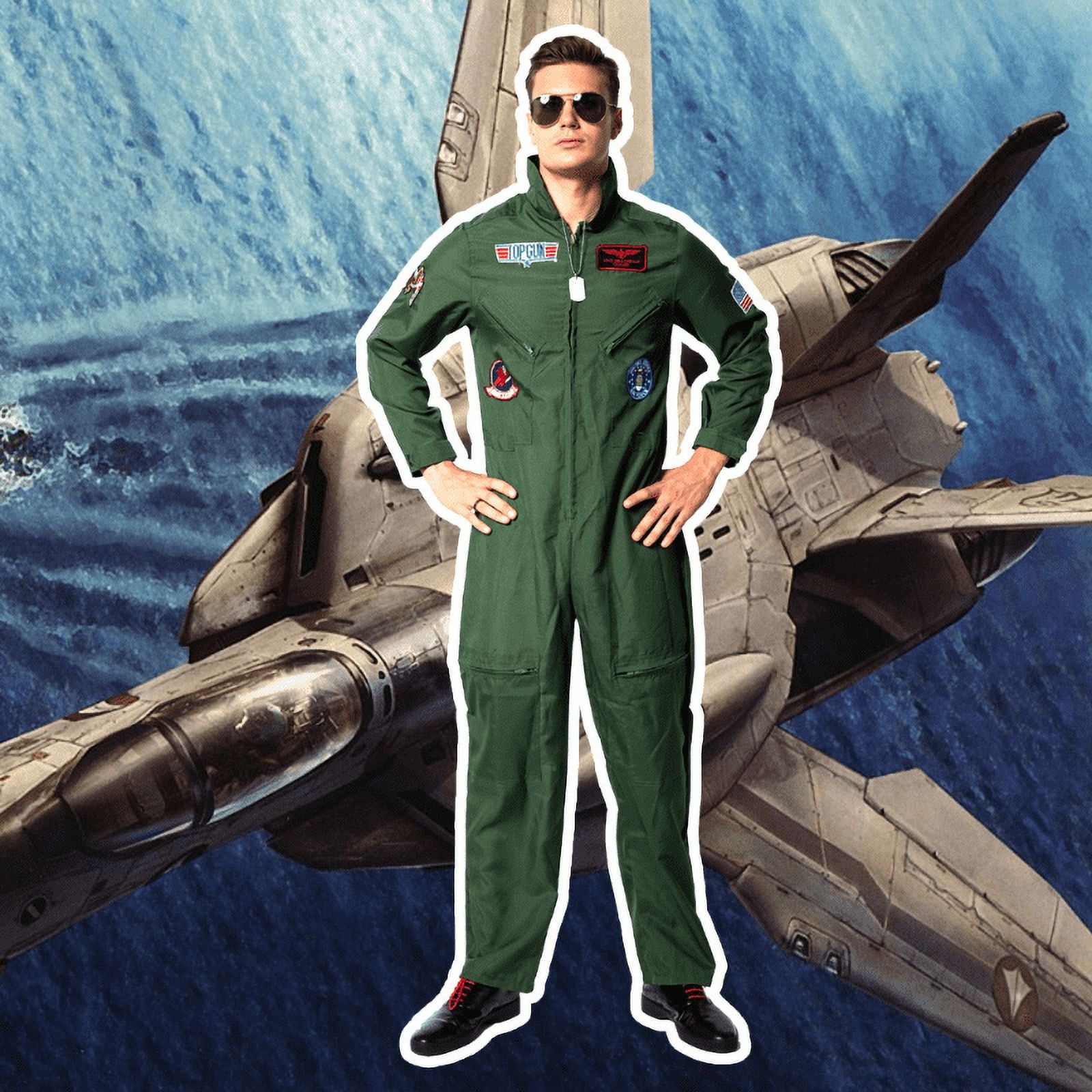 Green Pilot Jumpsuit Uniform Top Gun Jet Aircraft Aviator Patches ...