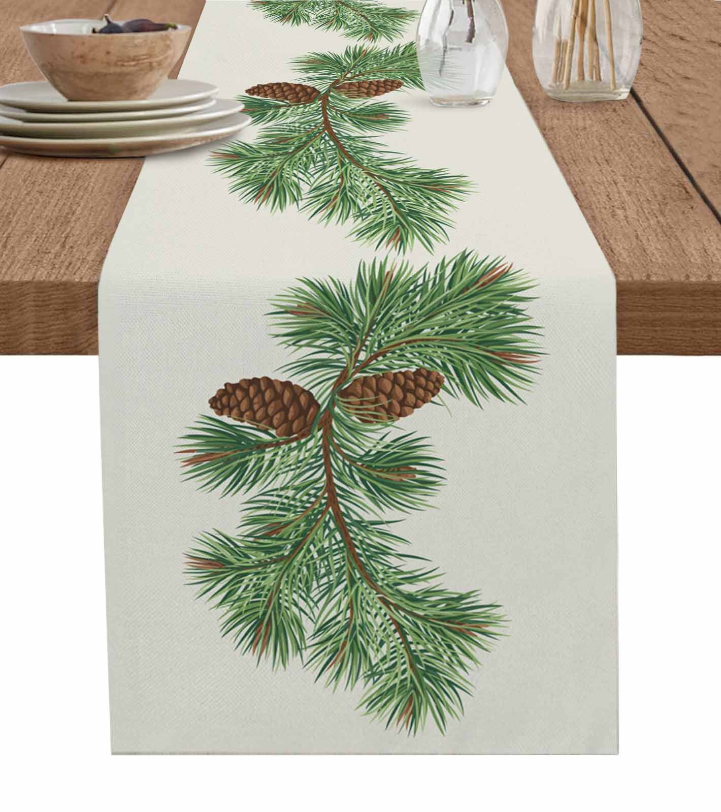 Green Pine Leaves Christmas Table Runner 90 Inches, Xmas Botanical Pine ...