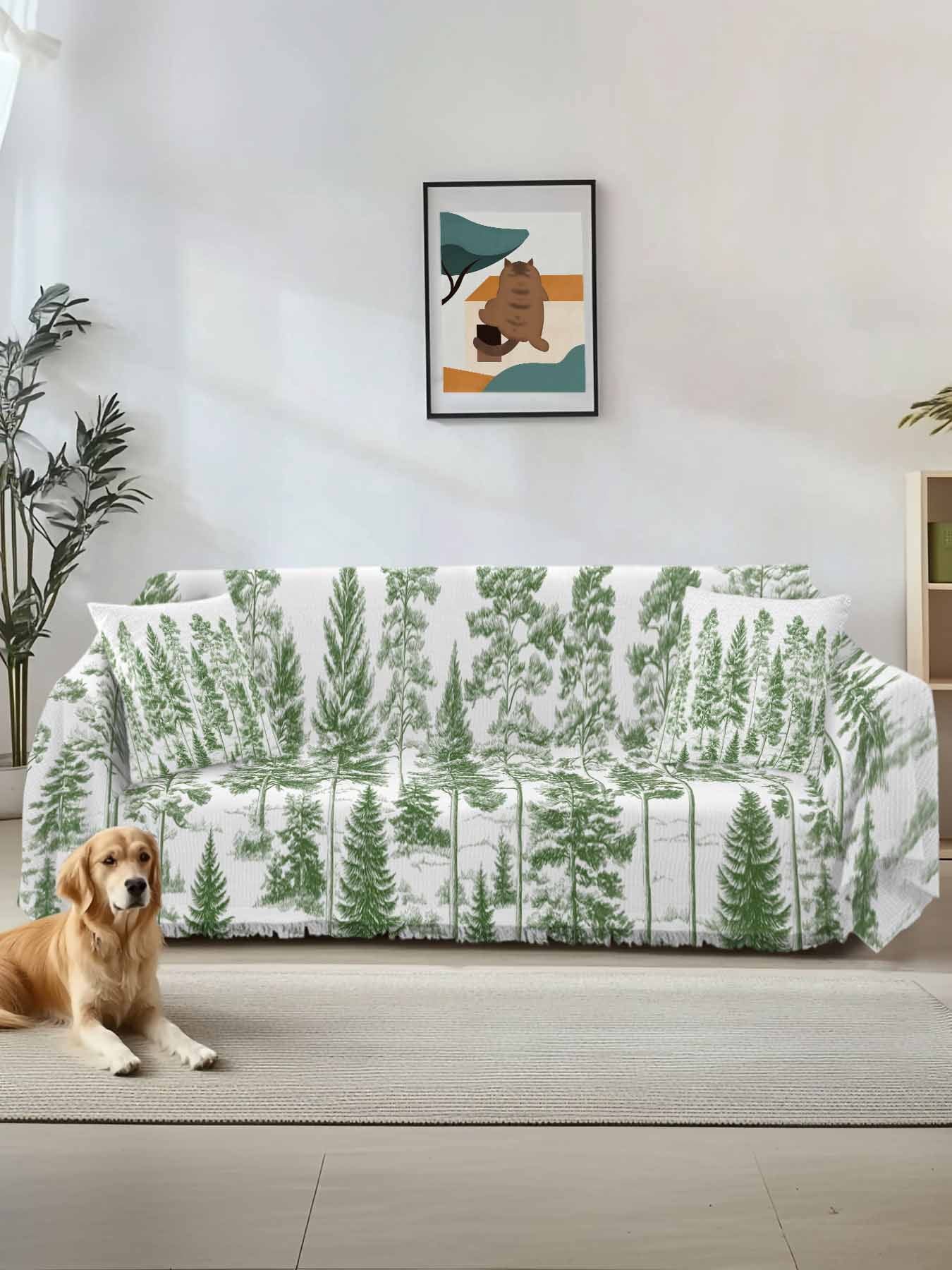 Green Pine Tree Couch Cover for 2 Cushion Sofa, Vintage Watercolor ...