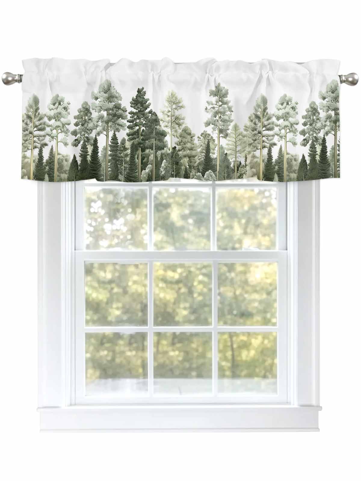 Green Pine Tree Forest Watercolor Hand Drawn Valances Curtain Kitchen ...