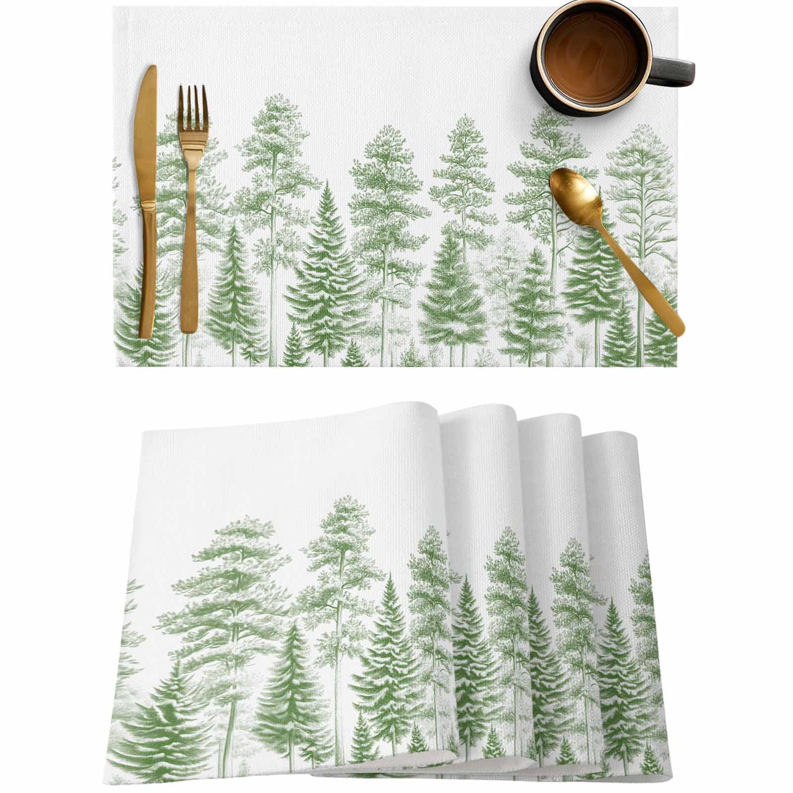 Green Pine Tree Sketch Forest Art Placemats Set of 4,Wipeable Washable ...