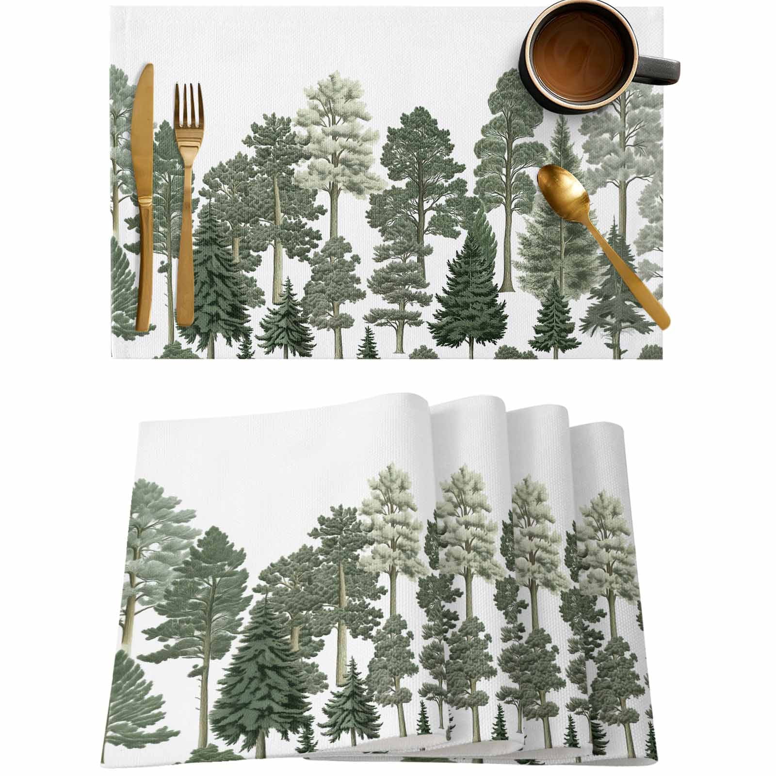 Green Pine Tree Watercolor Plant Placemats Set of 4,Wipeable Washable ...