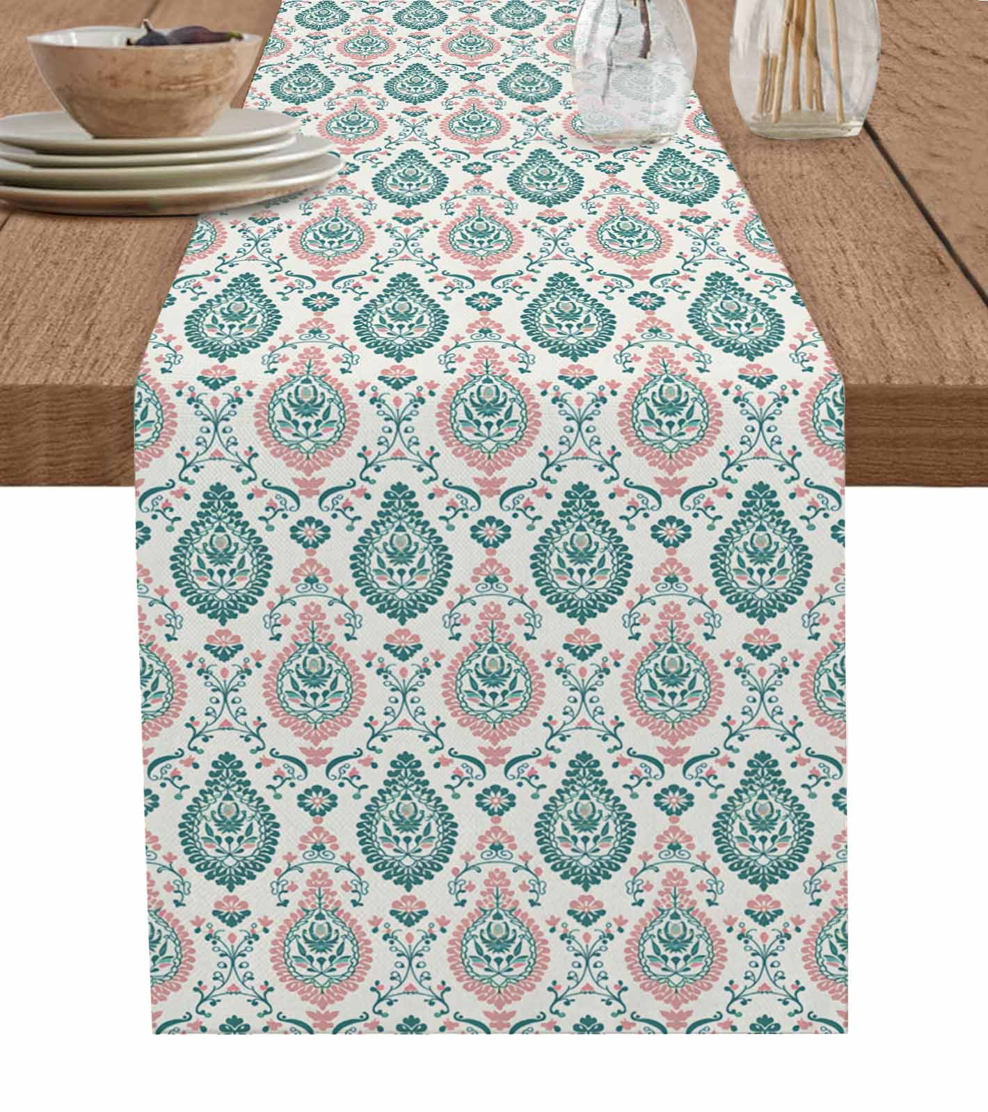 Green Pink Boho Table Runner 72 Inches, Ethnic Abstract Geometric ...