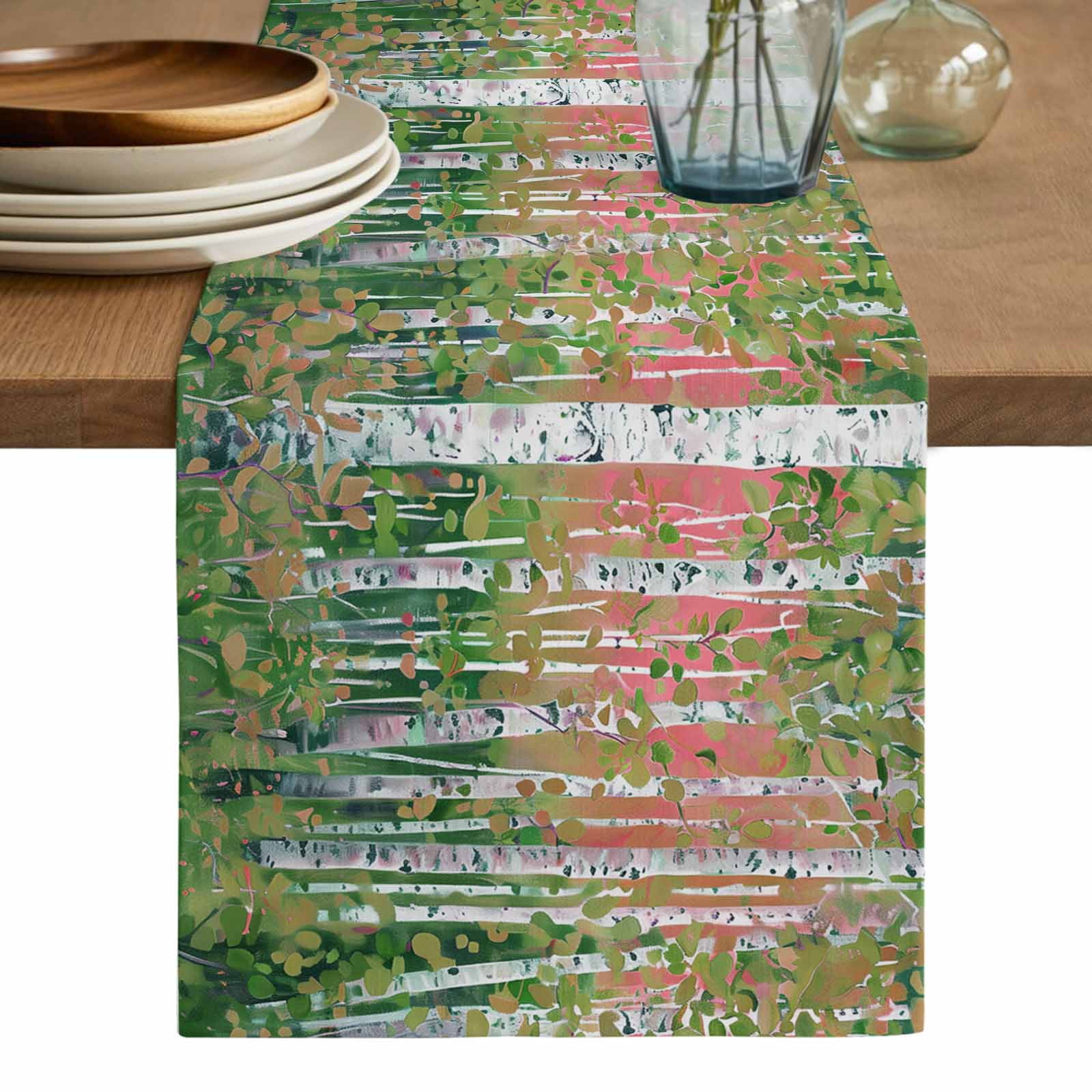 Green Pink Botanical Table Runner, Contemporary Abstract Art Washable ...