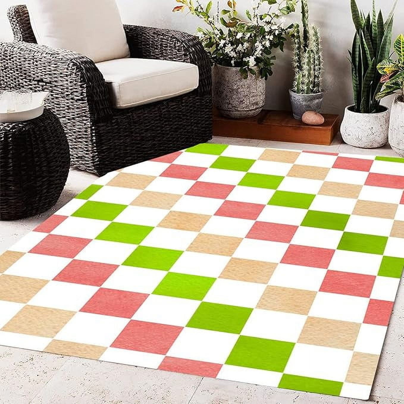 Green Pink Brown White Checkered Plaid Area Rug Washable Soft Carpet ...