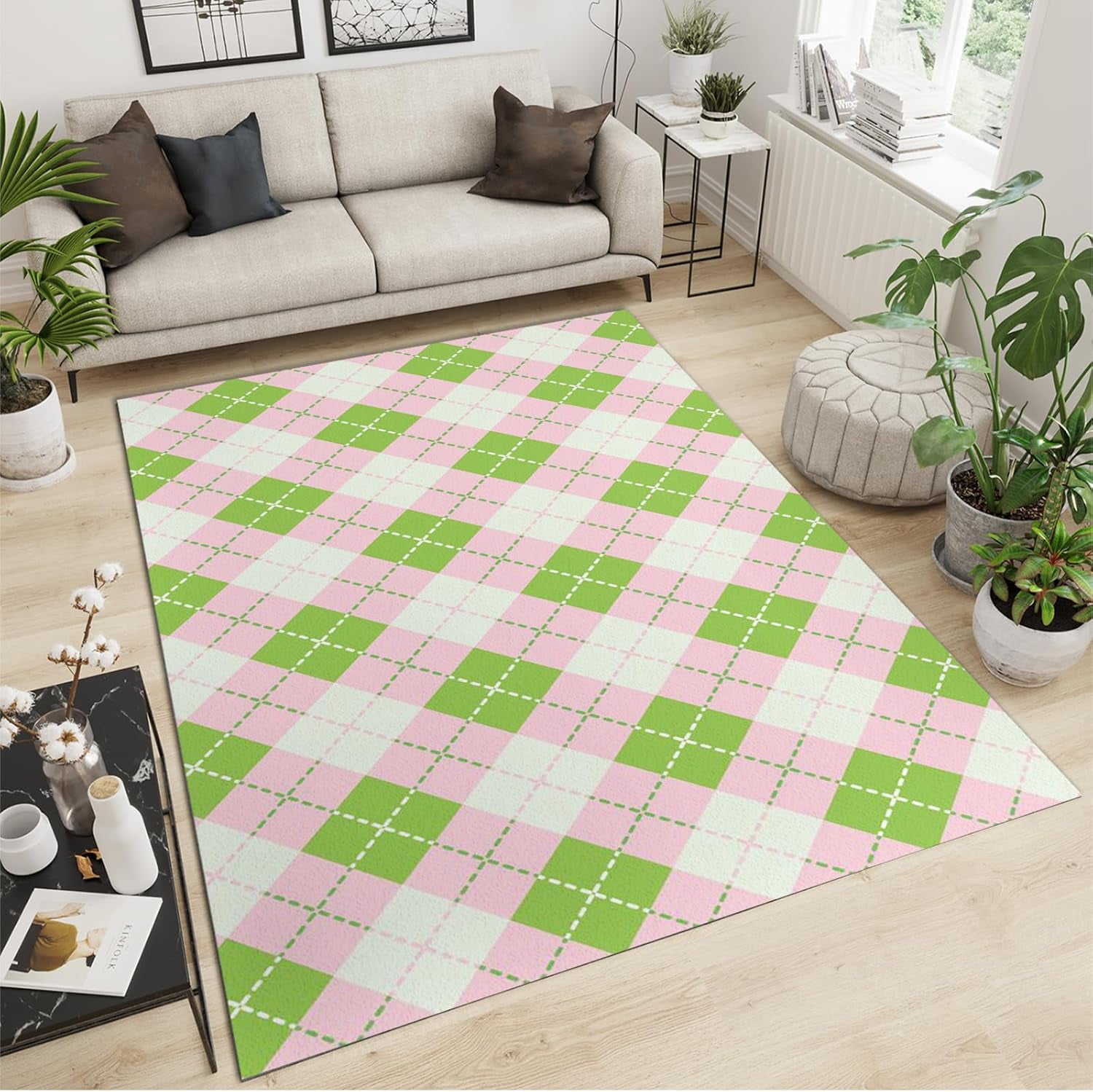 Green Pink Checkered Front Entrance Rug, Vintage Boho Style Floor Mat ...
