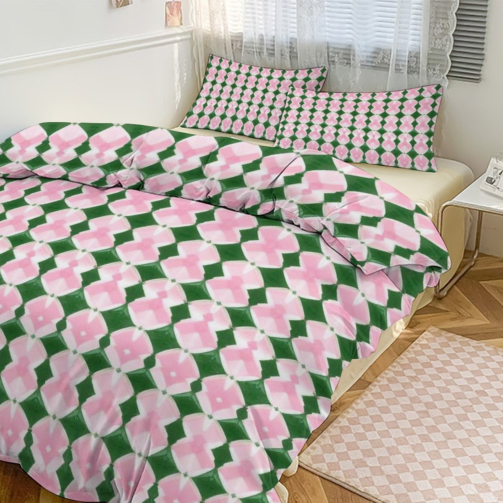 Green Pink Diamond Pattern 90"x90" 3 Pcs Soft Bedding Set, Includes ...
