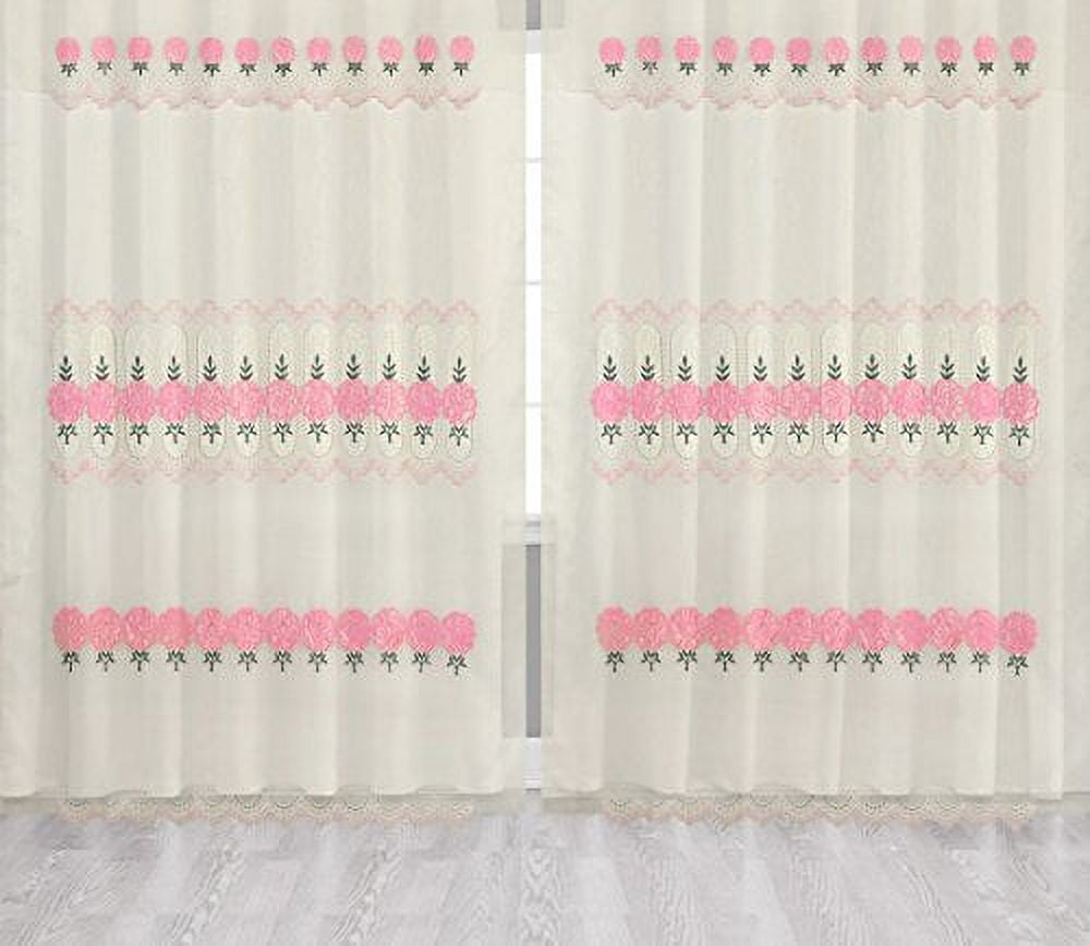 Green Pink Floral Embroidery Satin Sheer Layer Panel Shade Tier Window ...