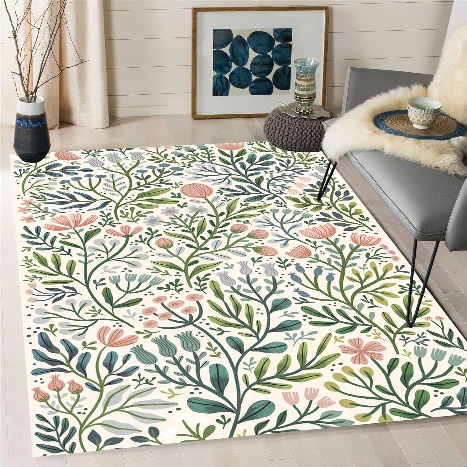 Green Pink Flower Floral Retro Rug For Living Room Dining Room Bedroom ...