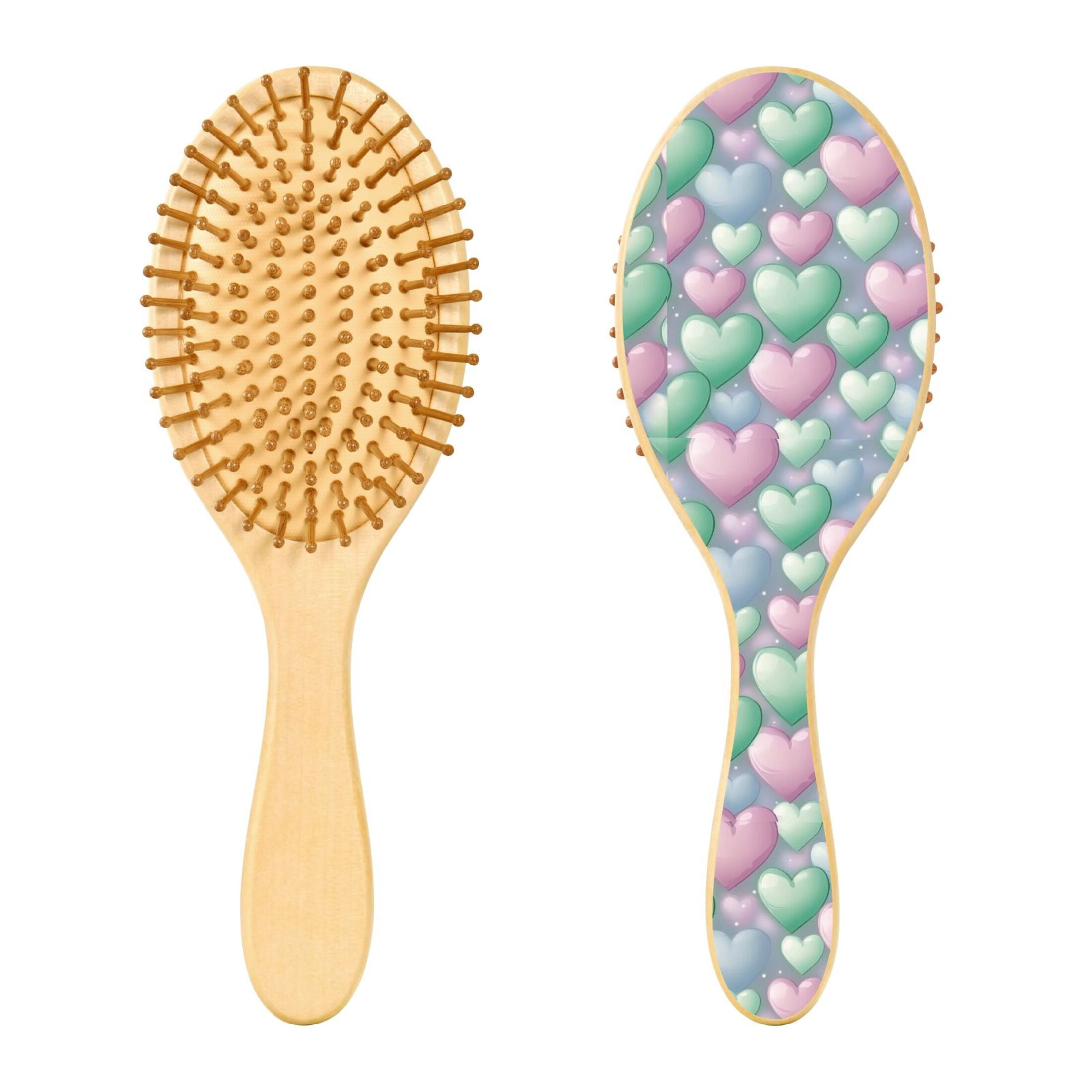 Green Pink Heart Wooden Hair Brush Natural Detangling Brush with ...