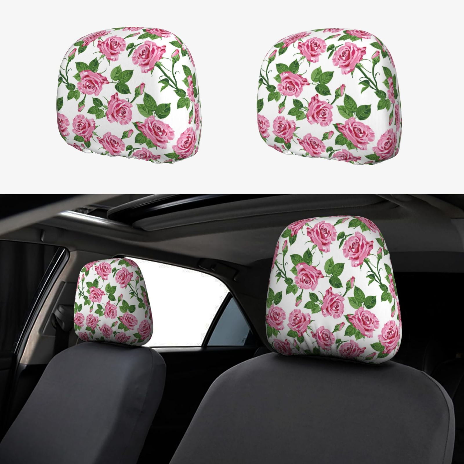 Green Pink Rose Flowers Headrest Cover for Cars, 2Pack Car Headrest ...