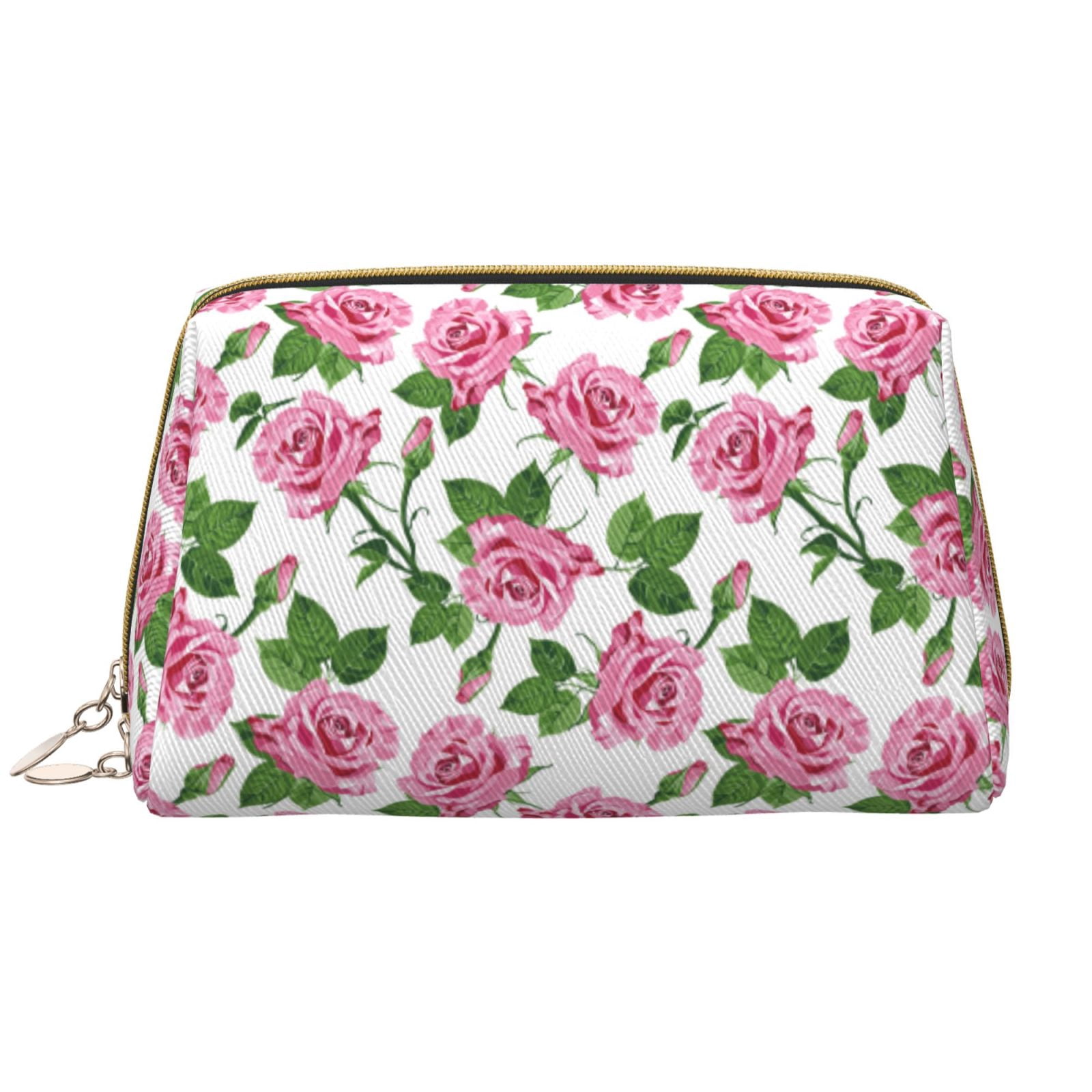 Green Pink Rose Flowers Makeup Bag, Large Capacity Travel Cosmetic Bag ...