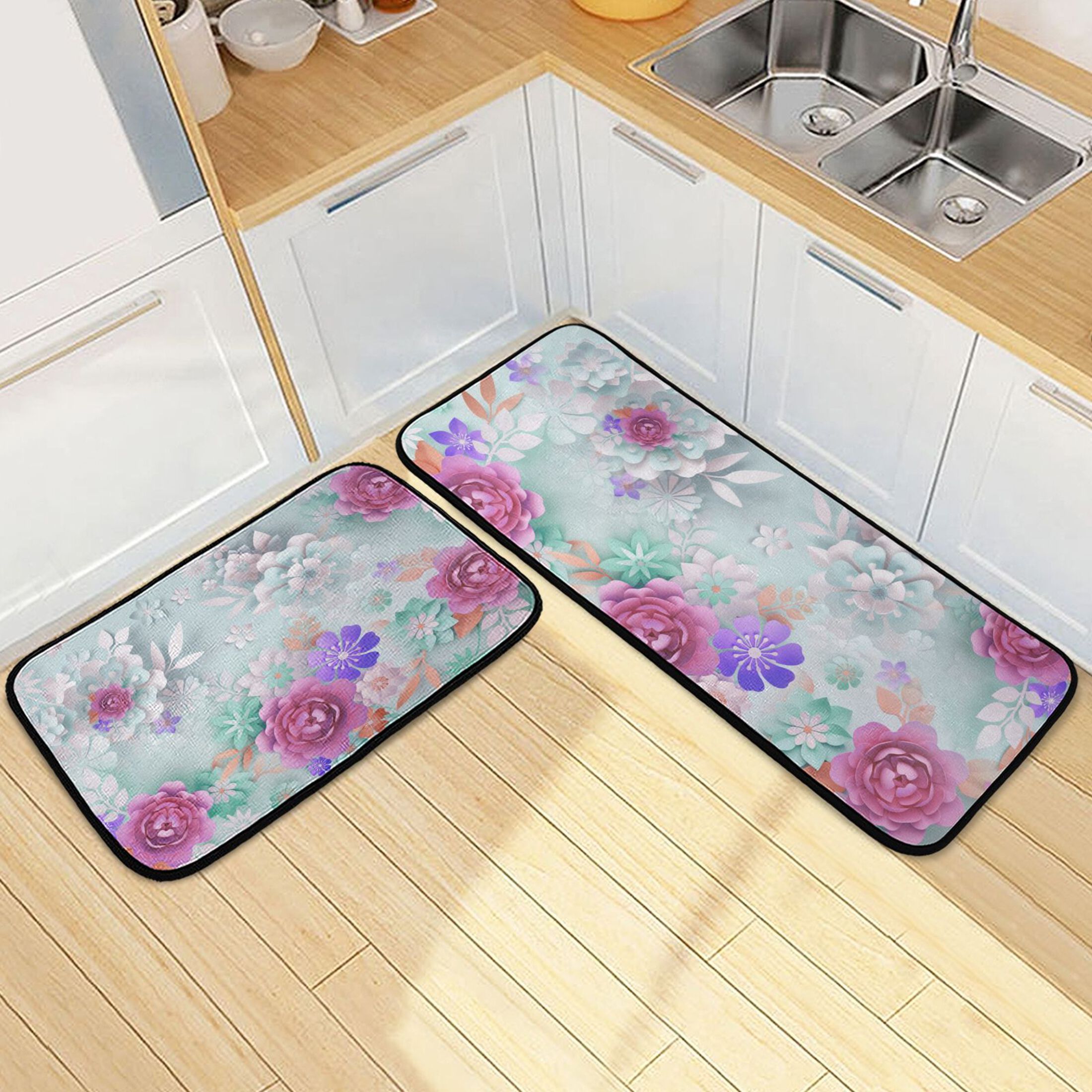Green with Pink Roses Flowers Kitchen Mats Set 2 Piece Non Slip Floor ...