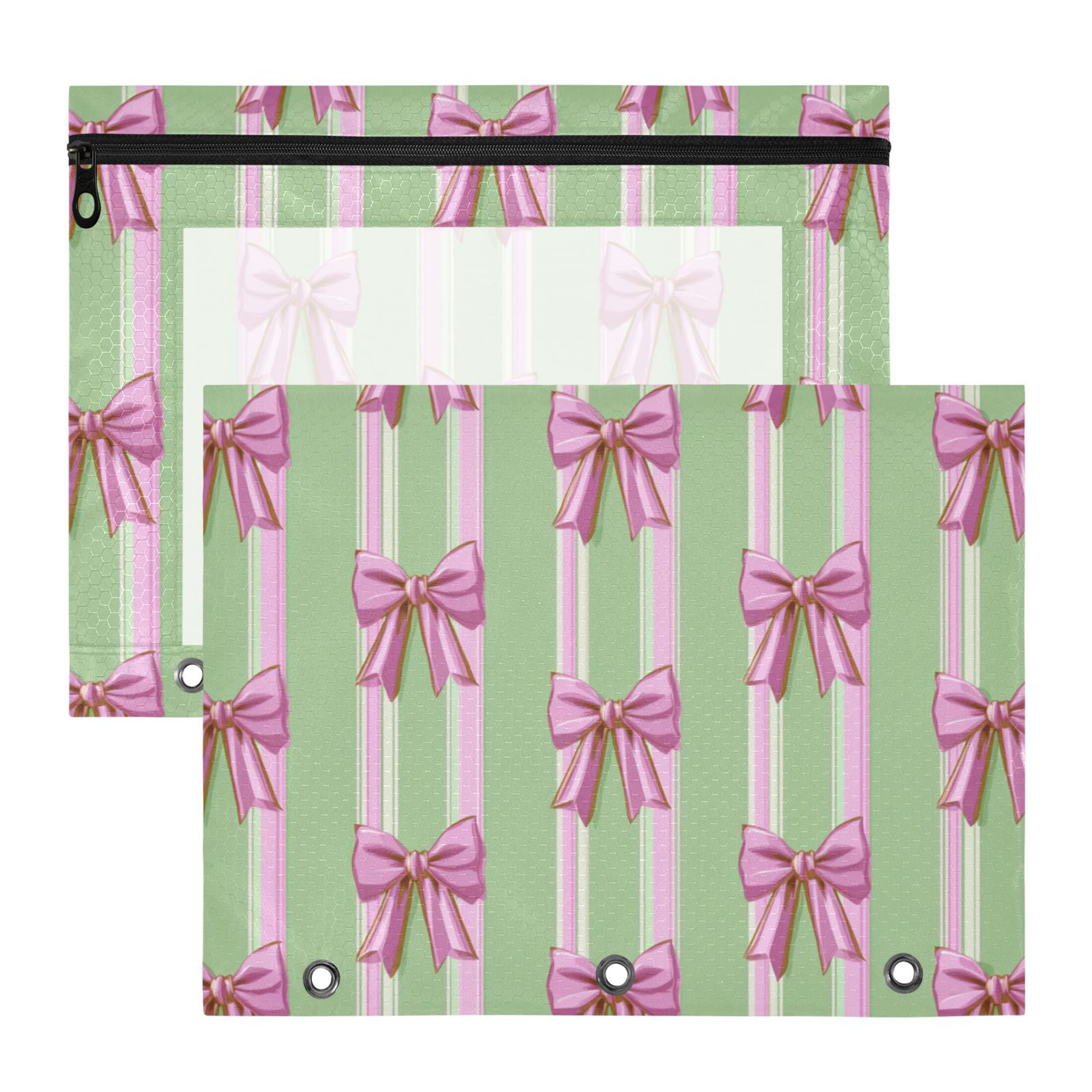 Green Pink Stripes Cute Bows 3-Ring Binder Pouches A4 Size Zipper ...
