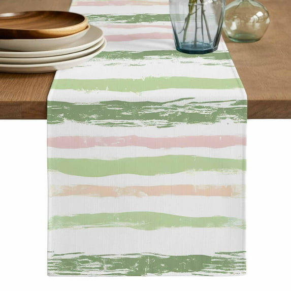 Green Pink Stripes Table Runner, Gradient Geometric Smear Art Paint ...