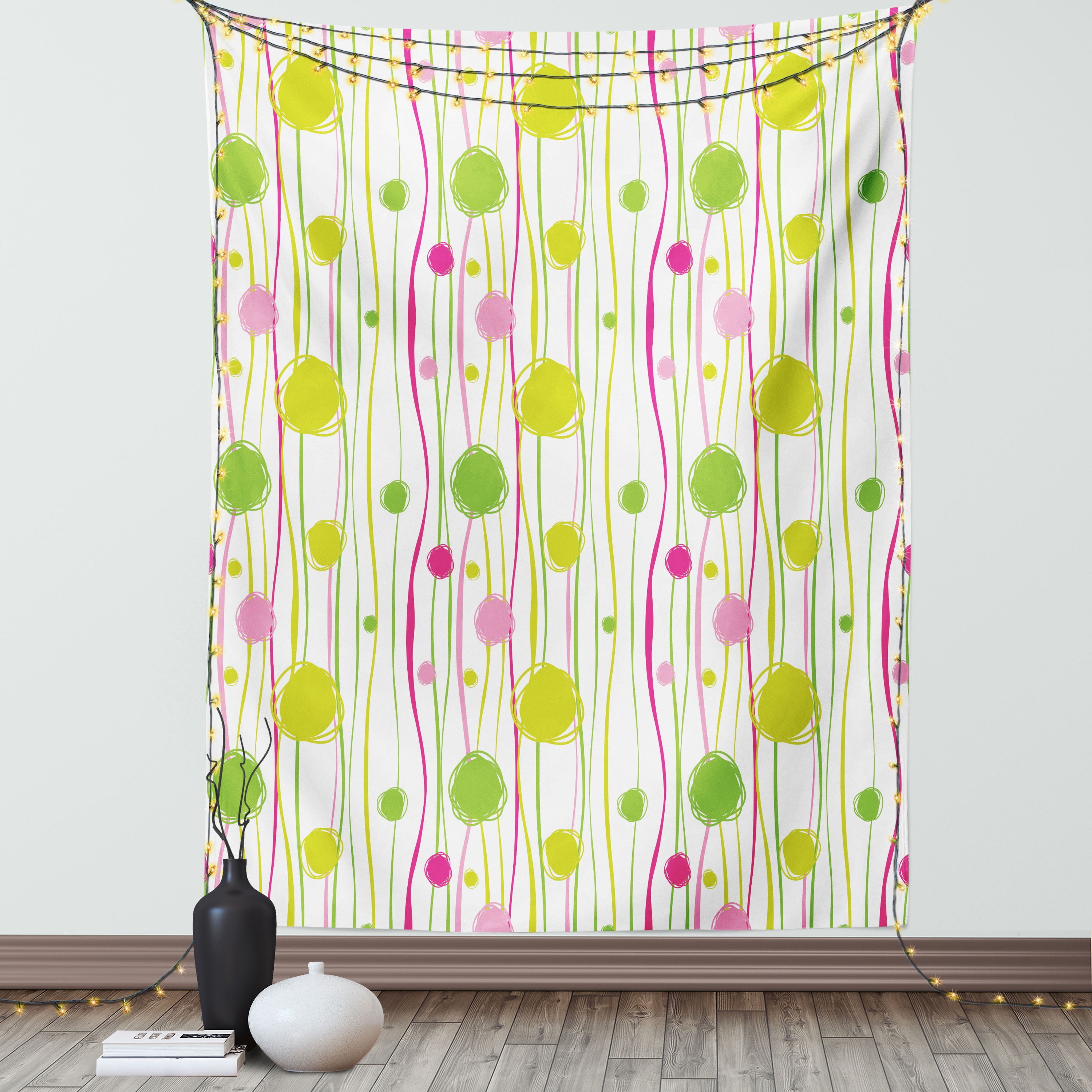 Green and Pink Tapestry, Doodle Style Random Wavy Stripes with Big ...
