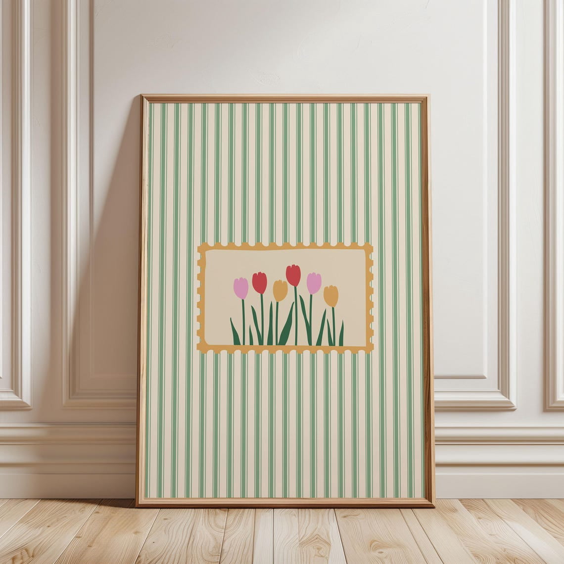 Green Pink Tulips Flower Print, Striped Floral Wall Art, Unframed Paper ...