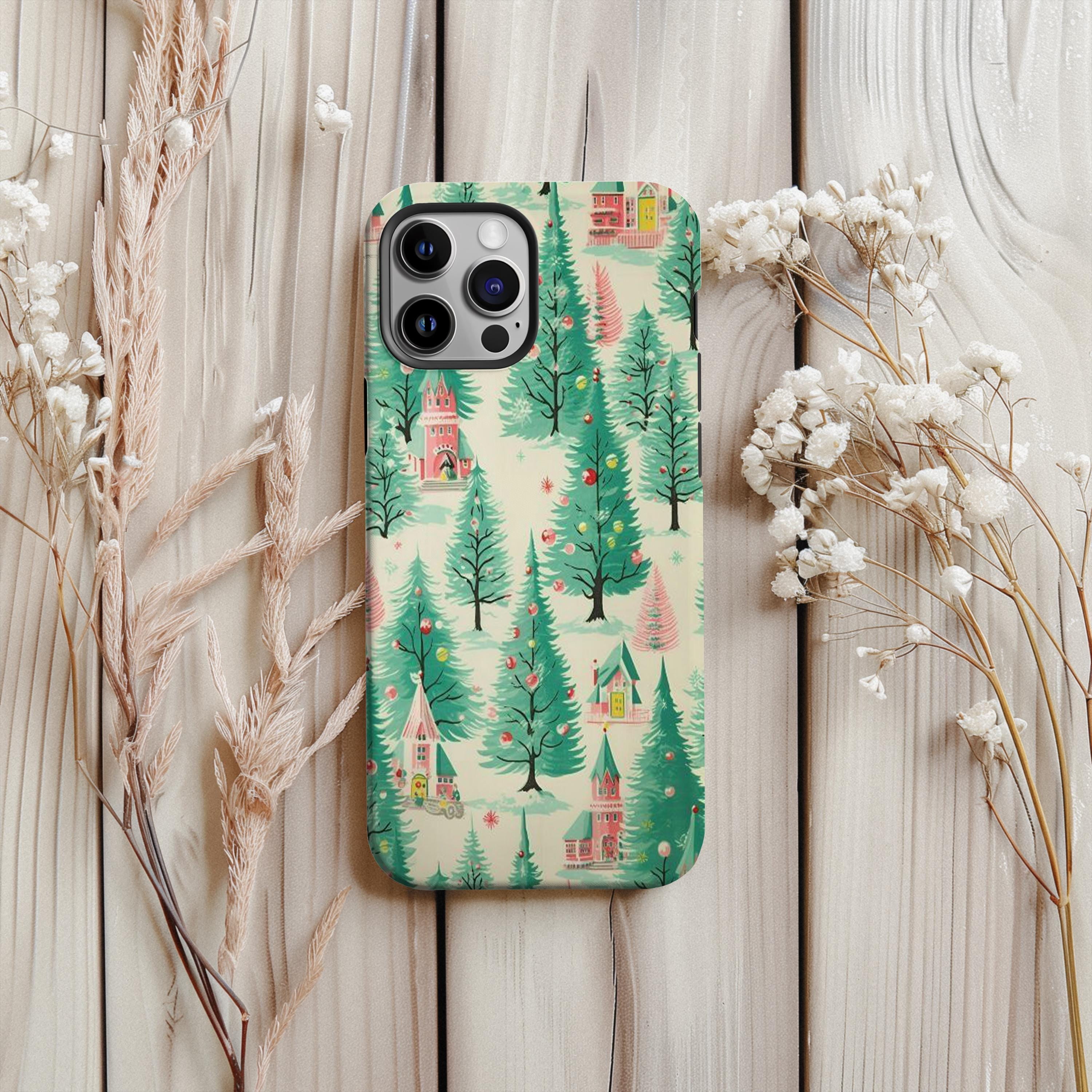 Green Pink Village Phone Case Winter Tree Pattern with iPhone 17 ...