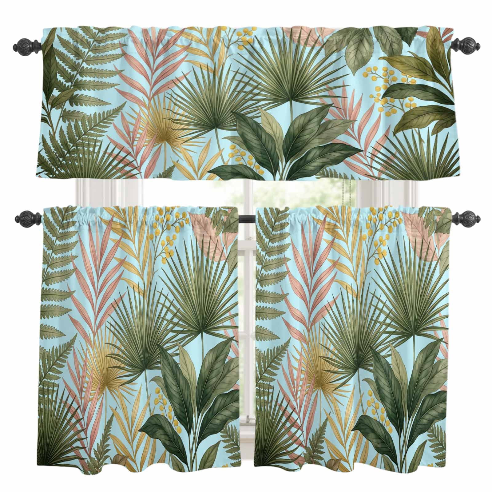 Green Pink Yellow Leaf Kitchen Curtains Set for Windows, Watercolor ...